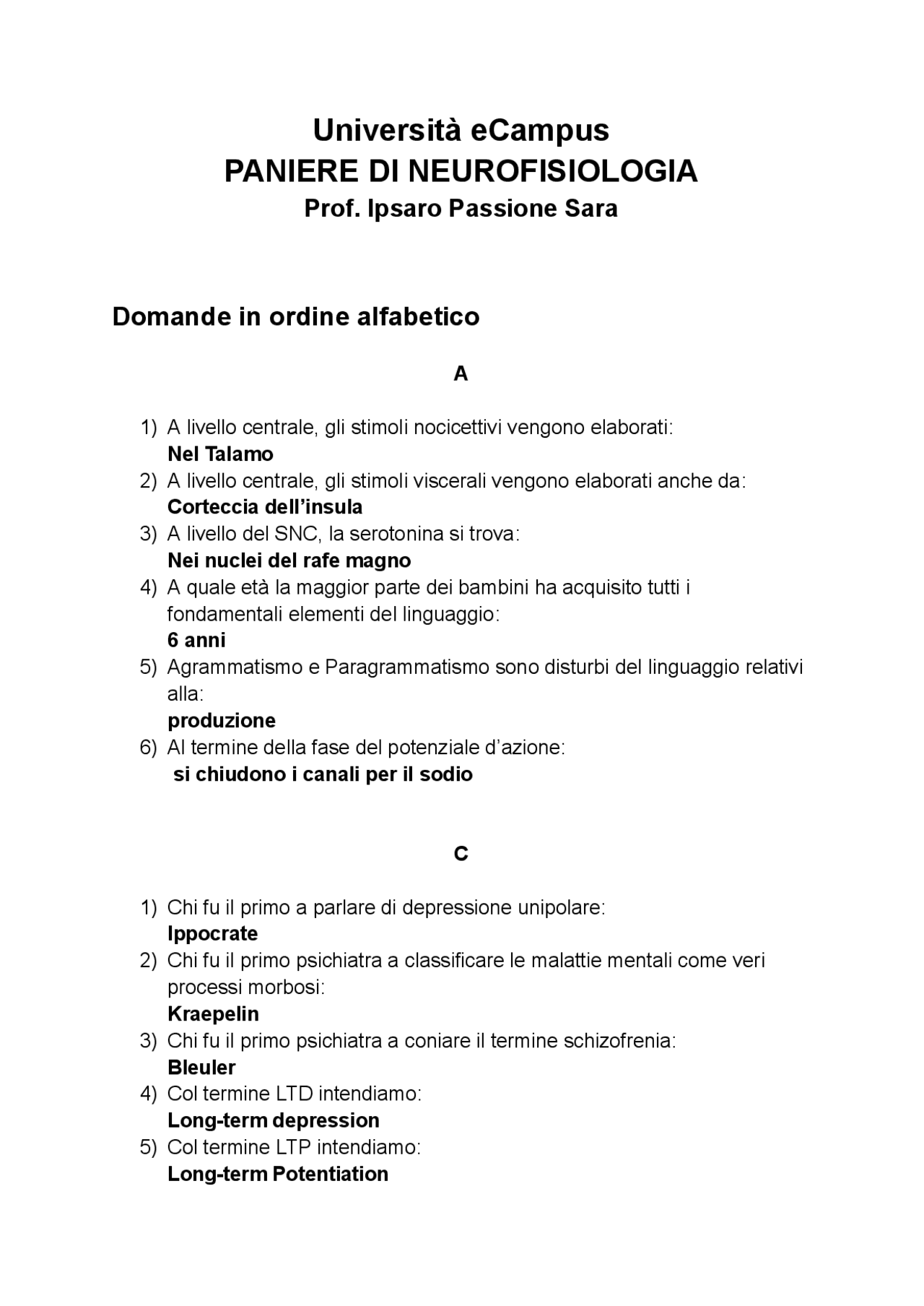 Paniere Di Neurofisiologia Per Uni Ecampus Prof Ipsaro Passione Sara