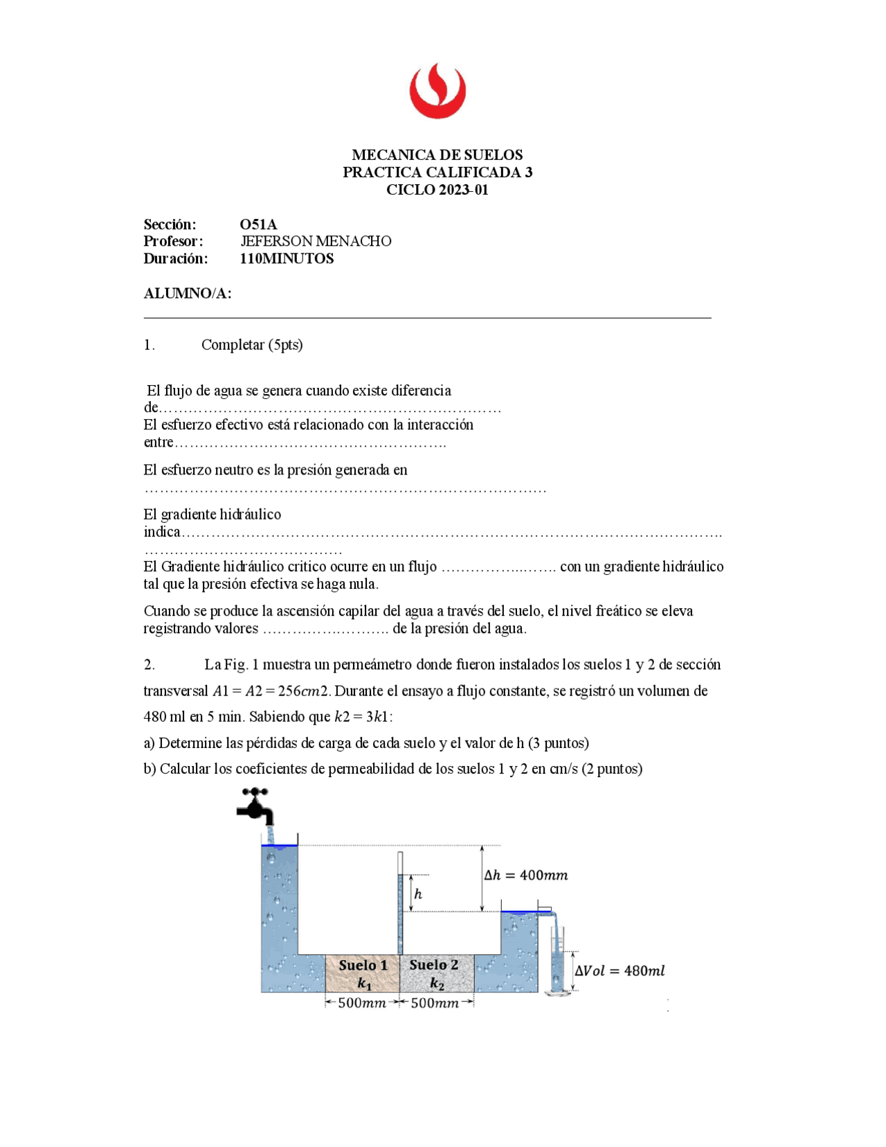 Pc3 mecanica de suelos | Exámenes de Ingeniería Civil | Docsity
