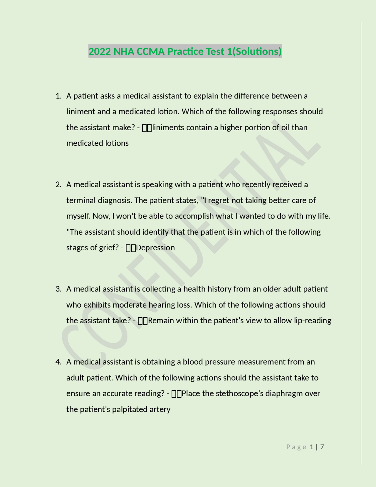 2022 NHA CCMA Practice Test 1(Solutions) | Exams Nursing | Docsity