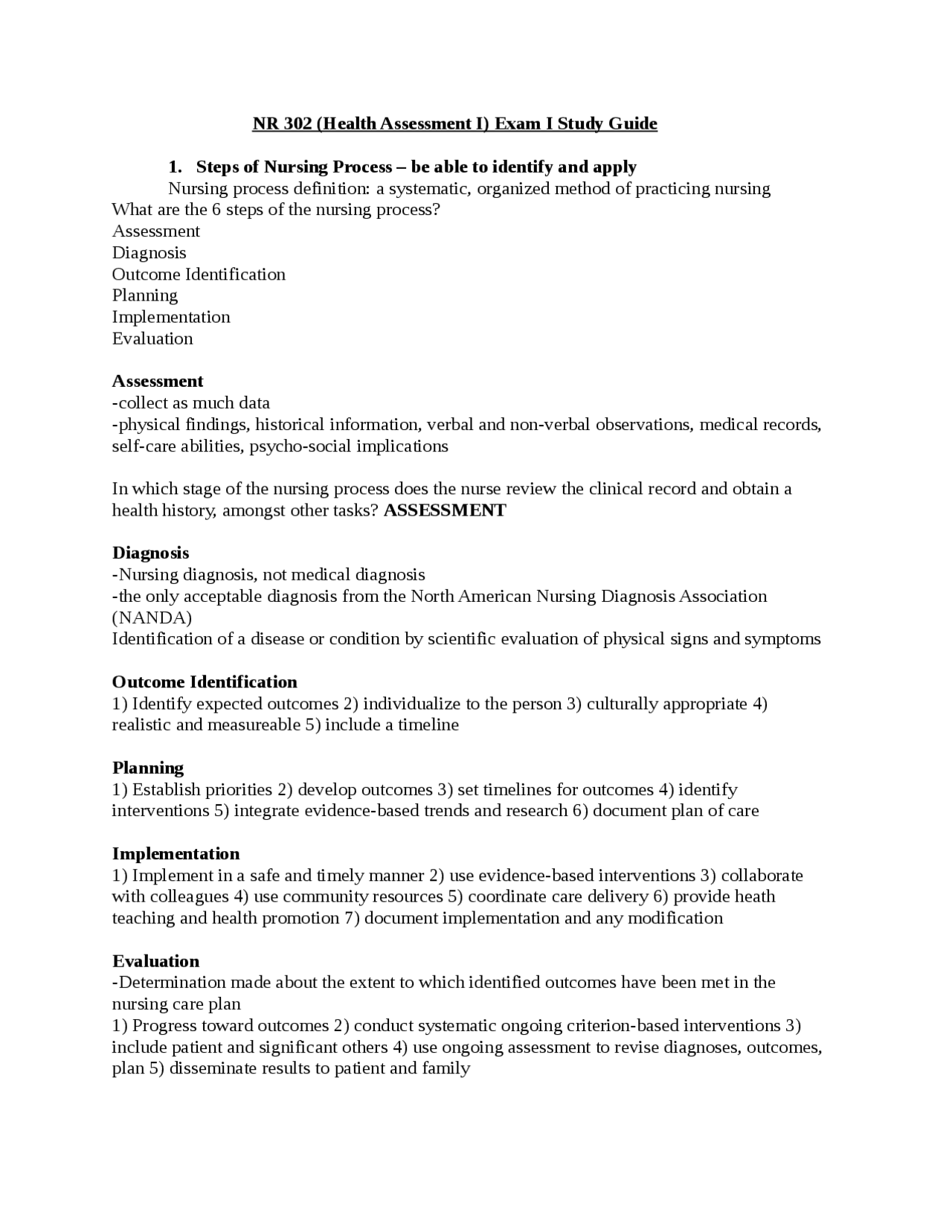 Health Assessment I Exam I Study Guide | Exams Nursing | Docsity