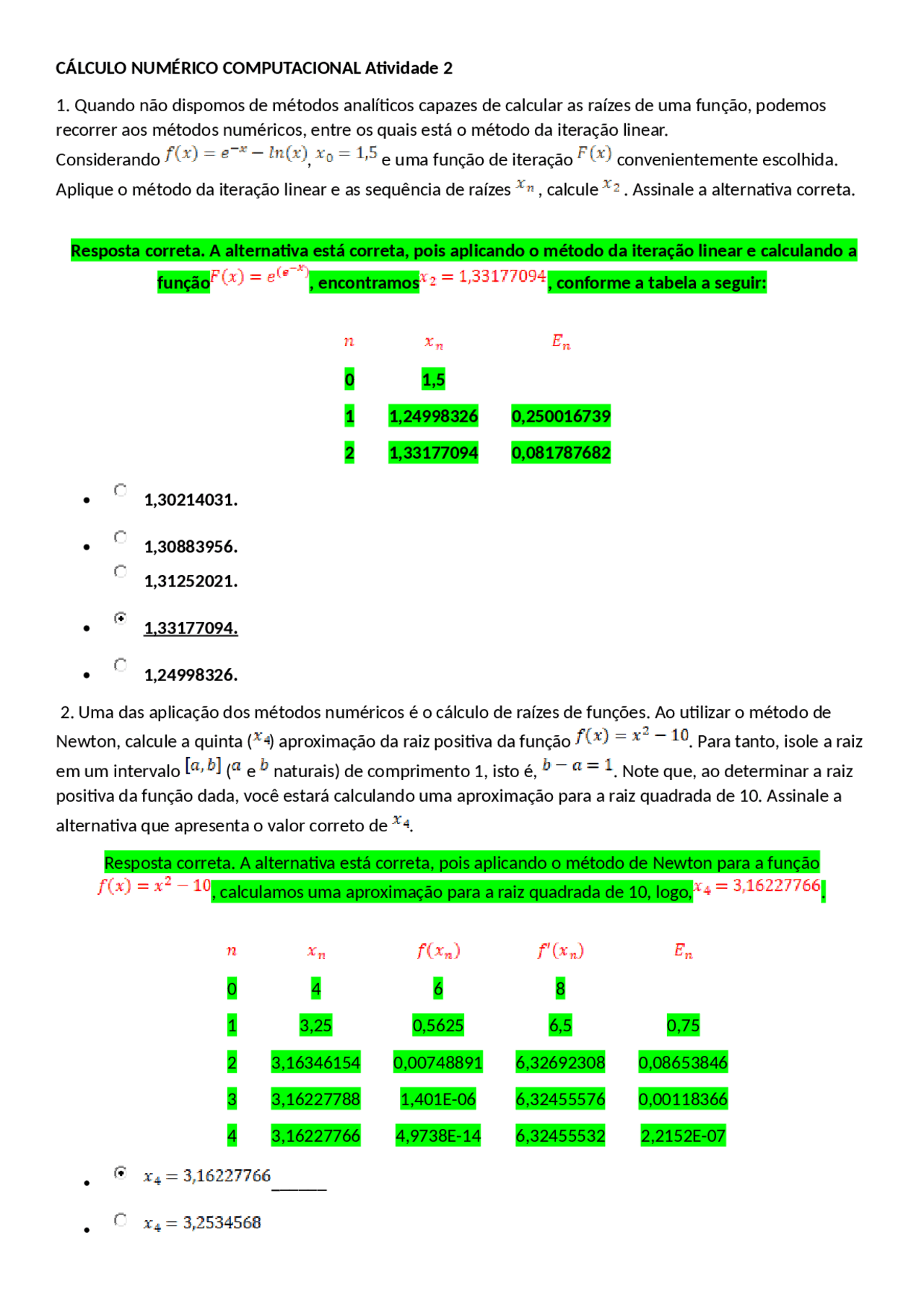 CÁlculo NumÉrico Computacional Atividade 2 Exercícios Cálculo