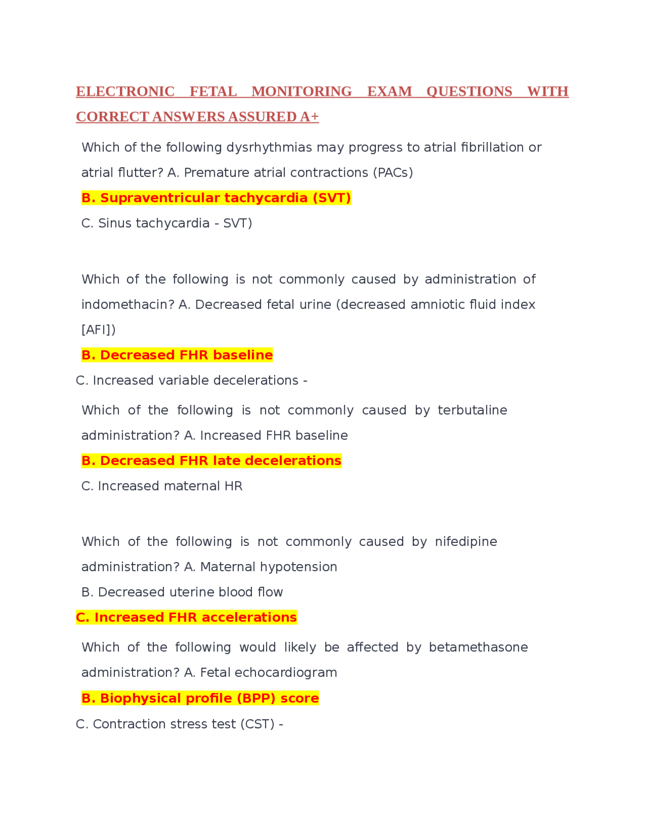 Electronic Fetal Monitoring Exam Questions With Correct Answers Assured