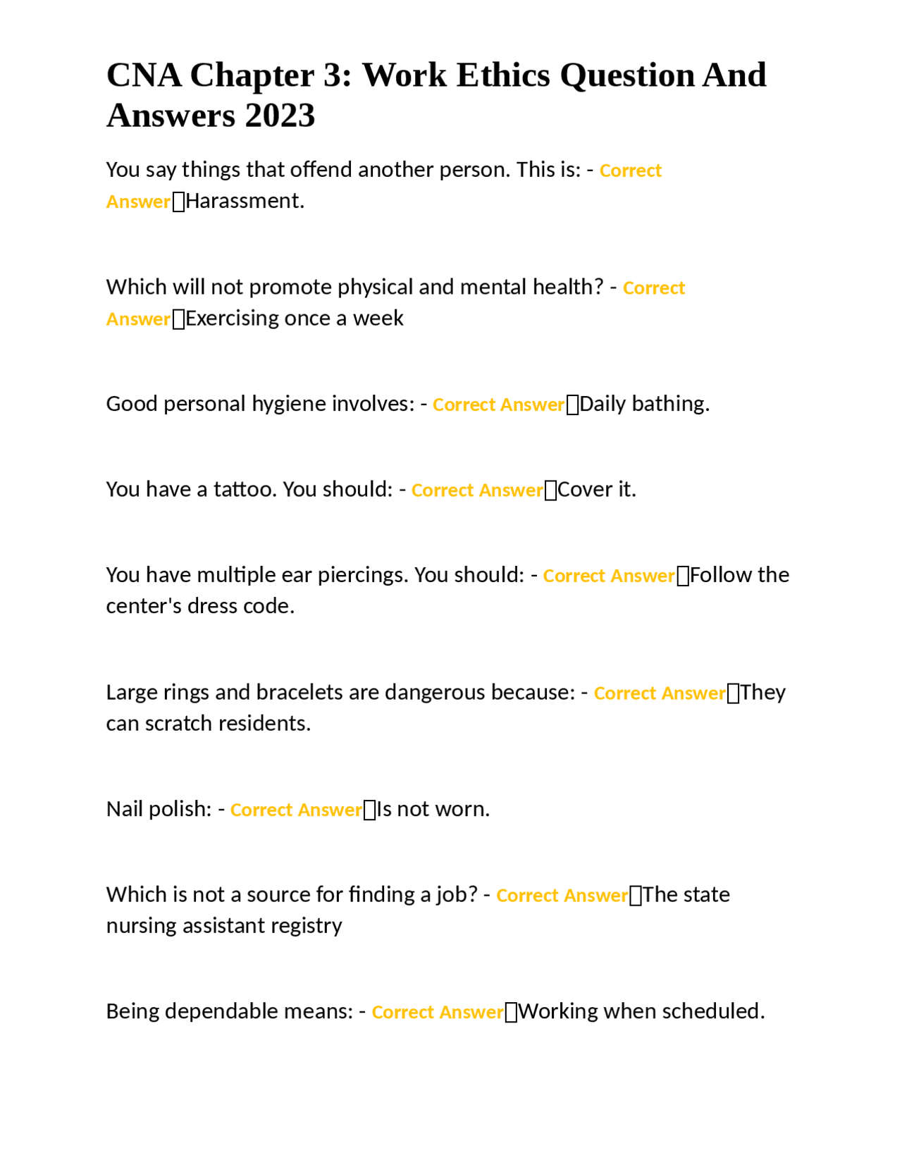 CNA Chapter 3: Work Ethics Question And Answers 2023 | Exams Nursing ...