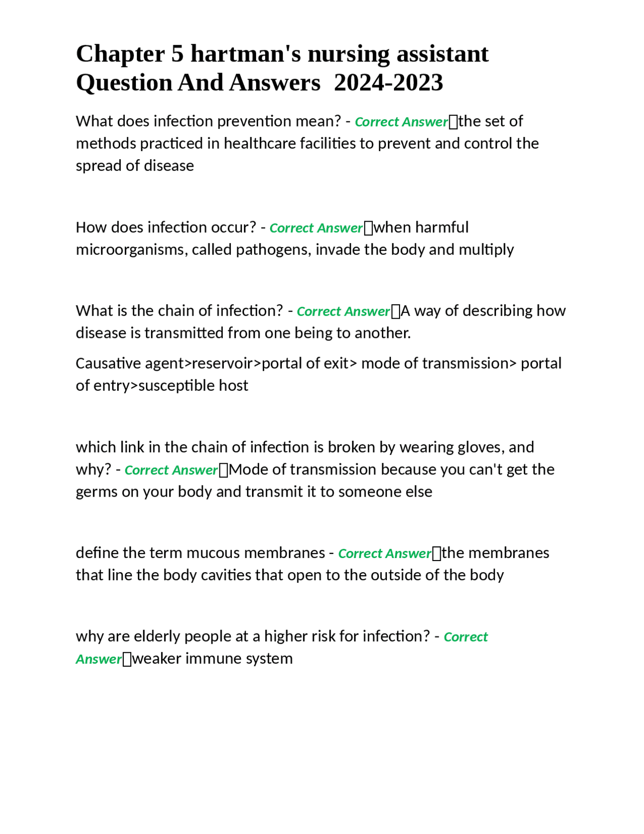 Chapter 5 Hartmans Nursing Assistant Question And Answers 2024 2023
