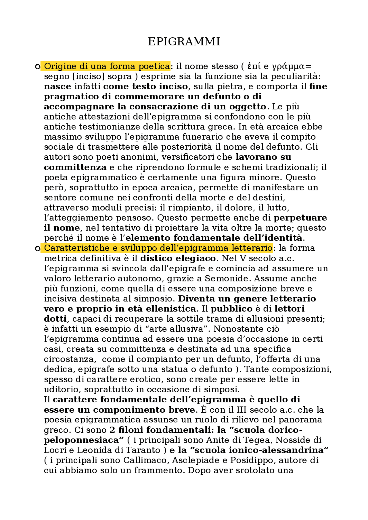 Epigramma greco RIASSUNTO generale | Appunti di Lingue e letterature classiche | Docsity