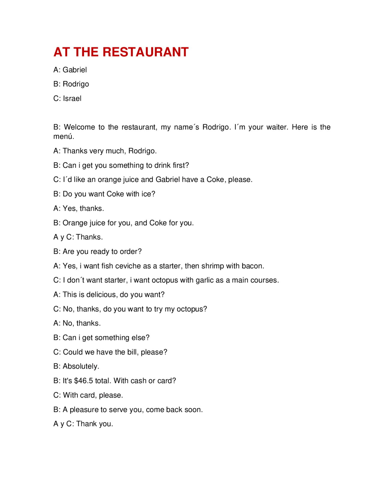 Speaking sobre la comida | Apuntes de Inglés | Docsity