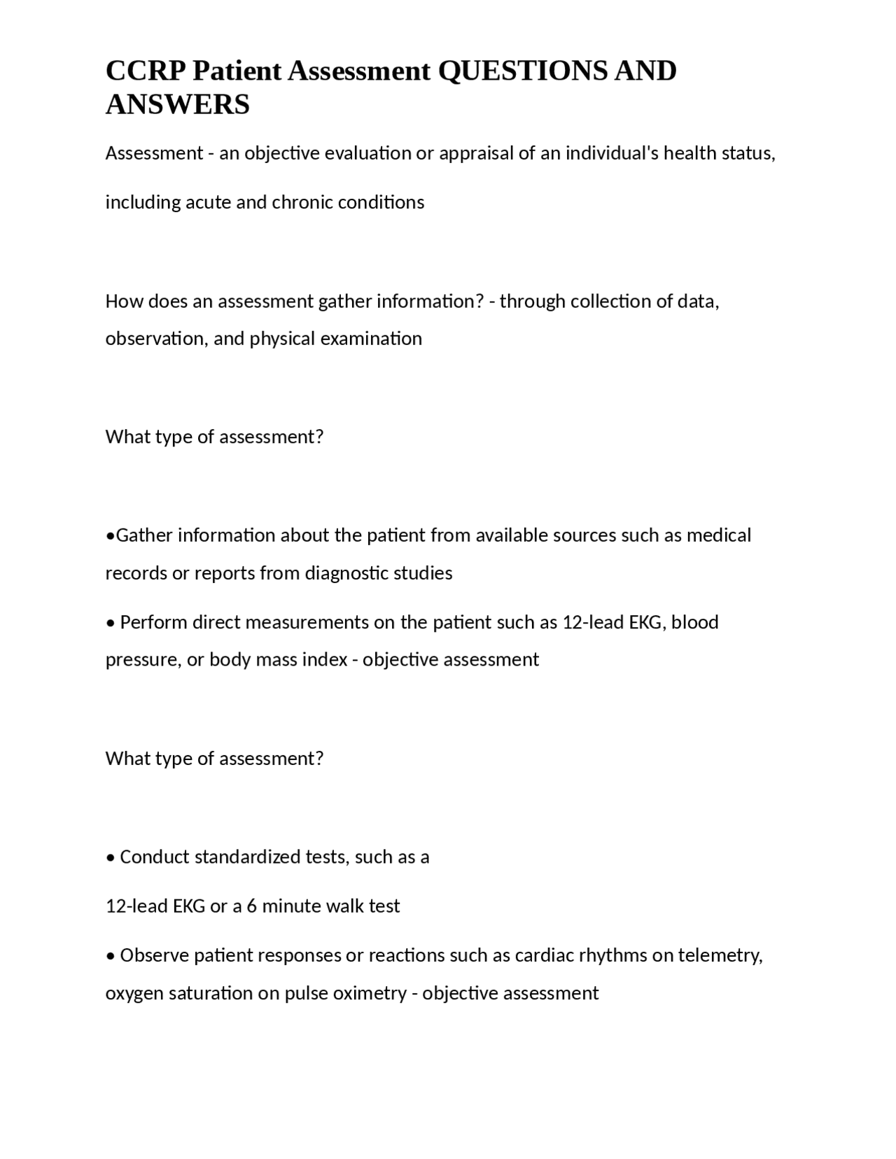 CCRP Patient Assessment QUESTIONS AND ANSWERS | Exams Nursing | Docsity