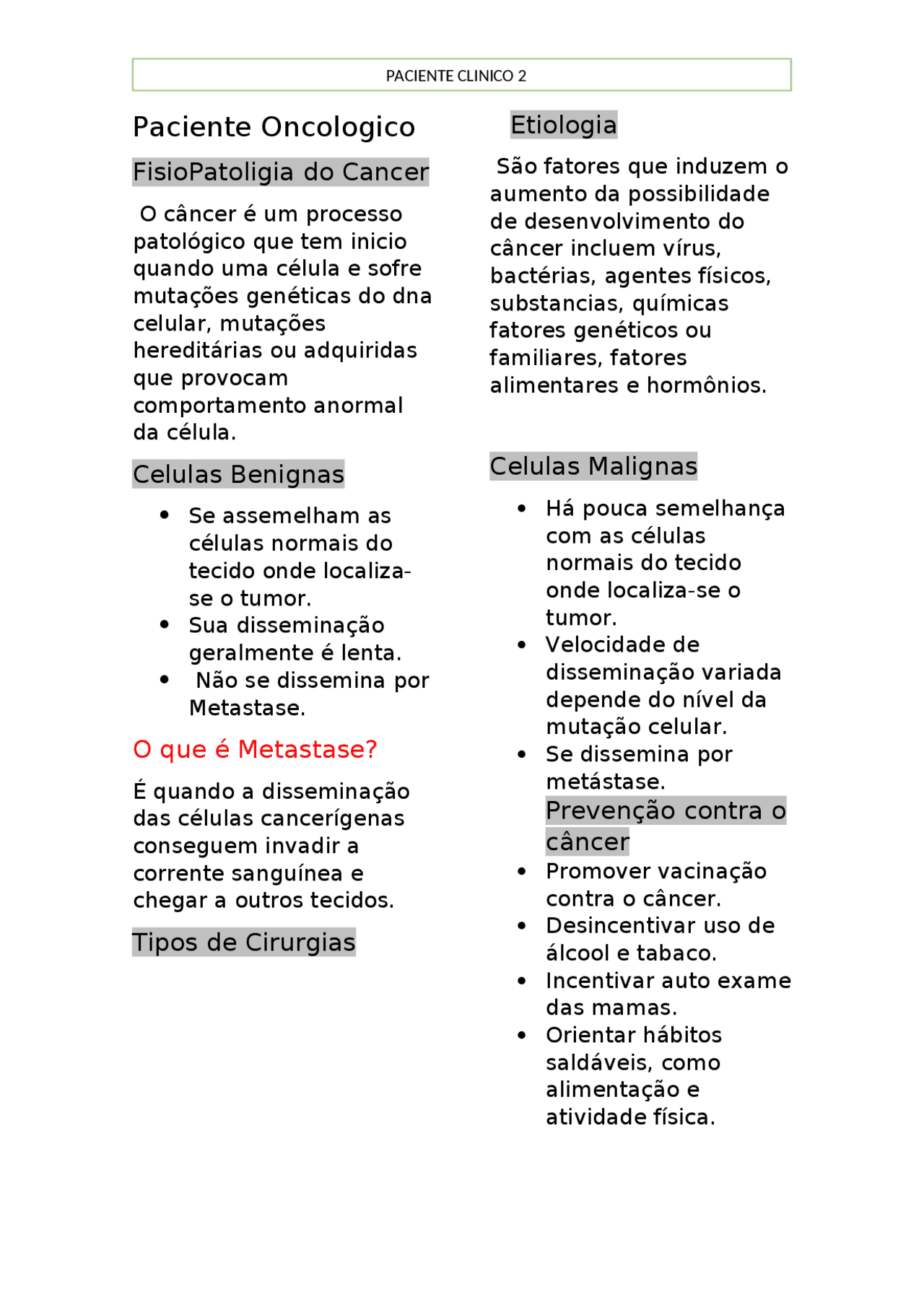 Pacientes oncologico | Resumos Enfermagem | Docsity