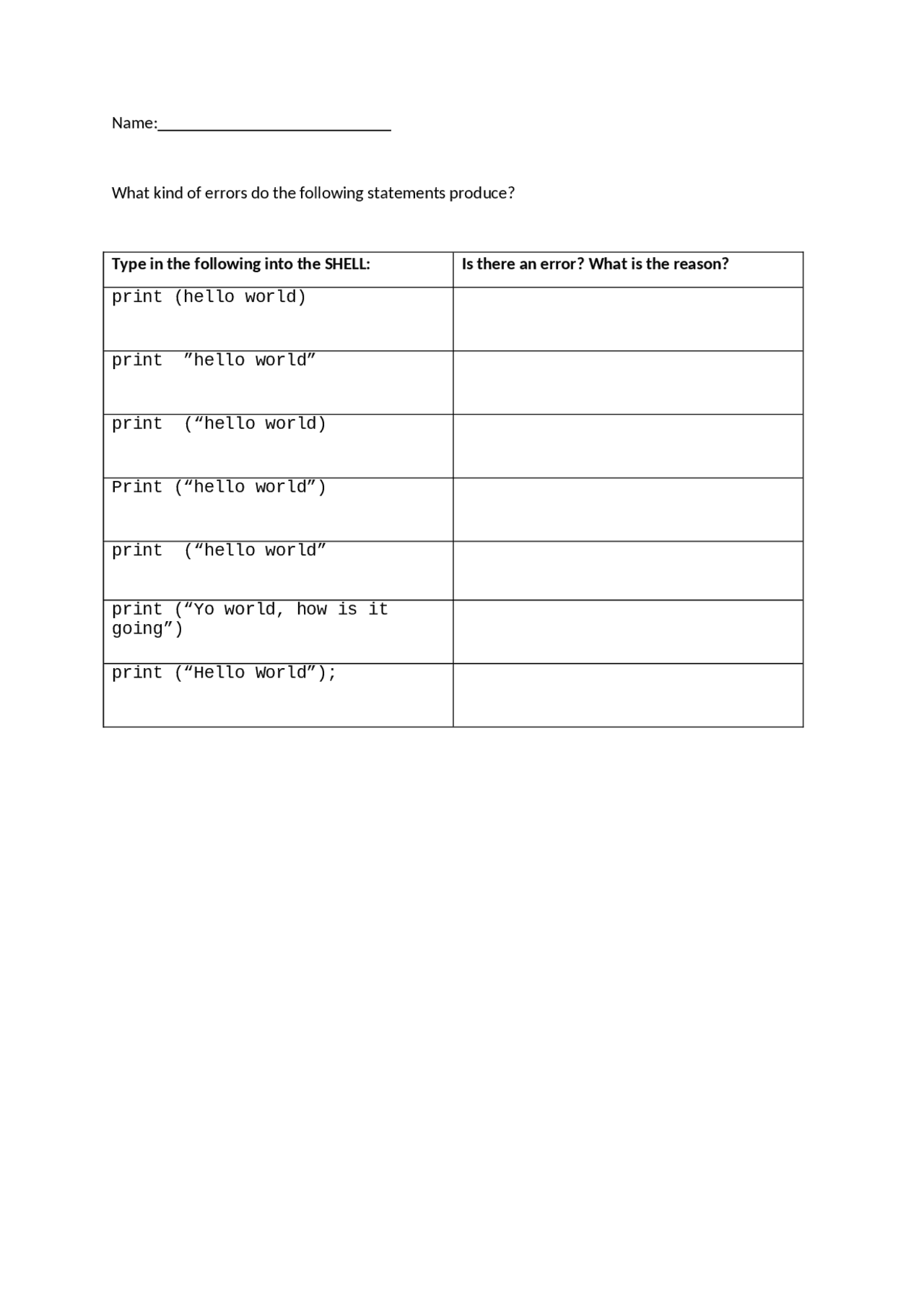 Syntax Worksheet Syntax Errors Syntax Errors Syntax Errors Syntax