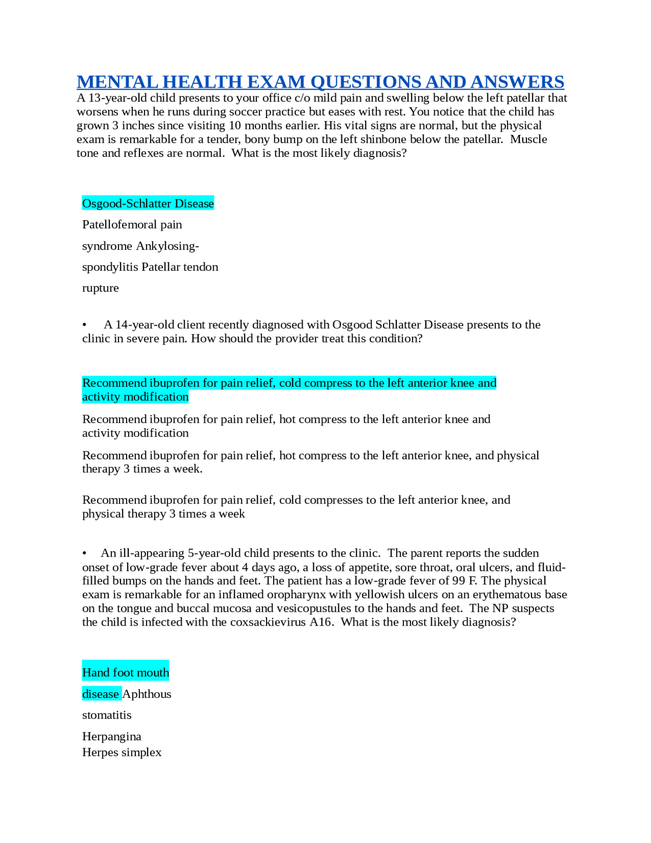 Mental Health Exam Questions And Answers Exams Nursing Docsity
