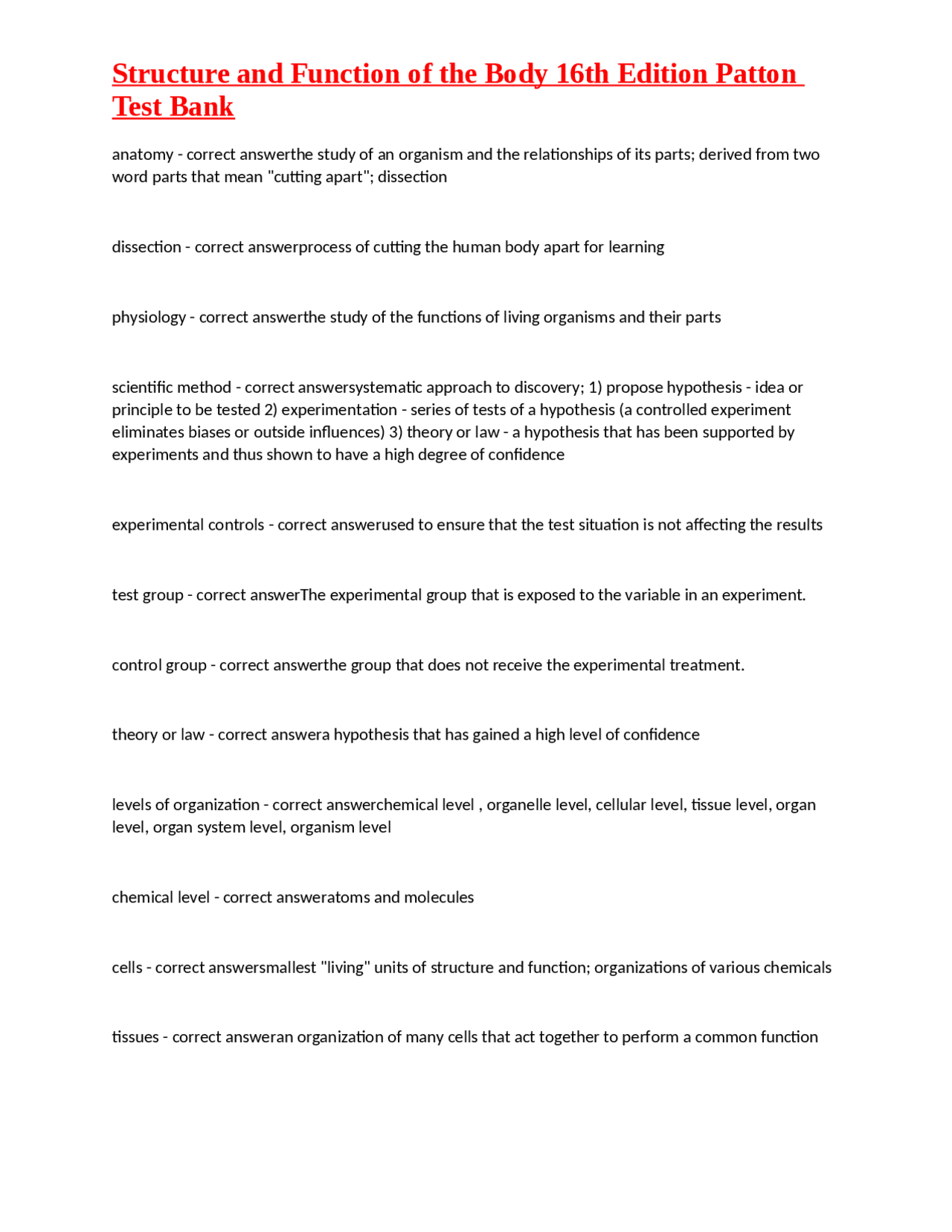 Structure and Function of the Body 16th Edition Patton Test Bank ...
