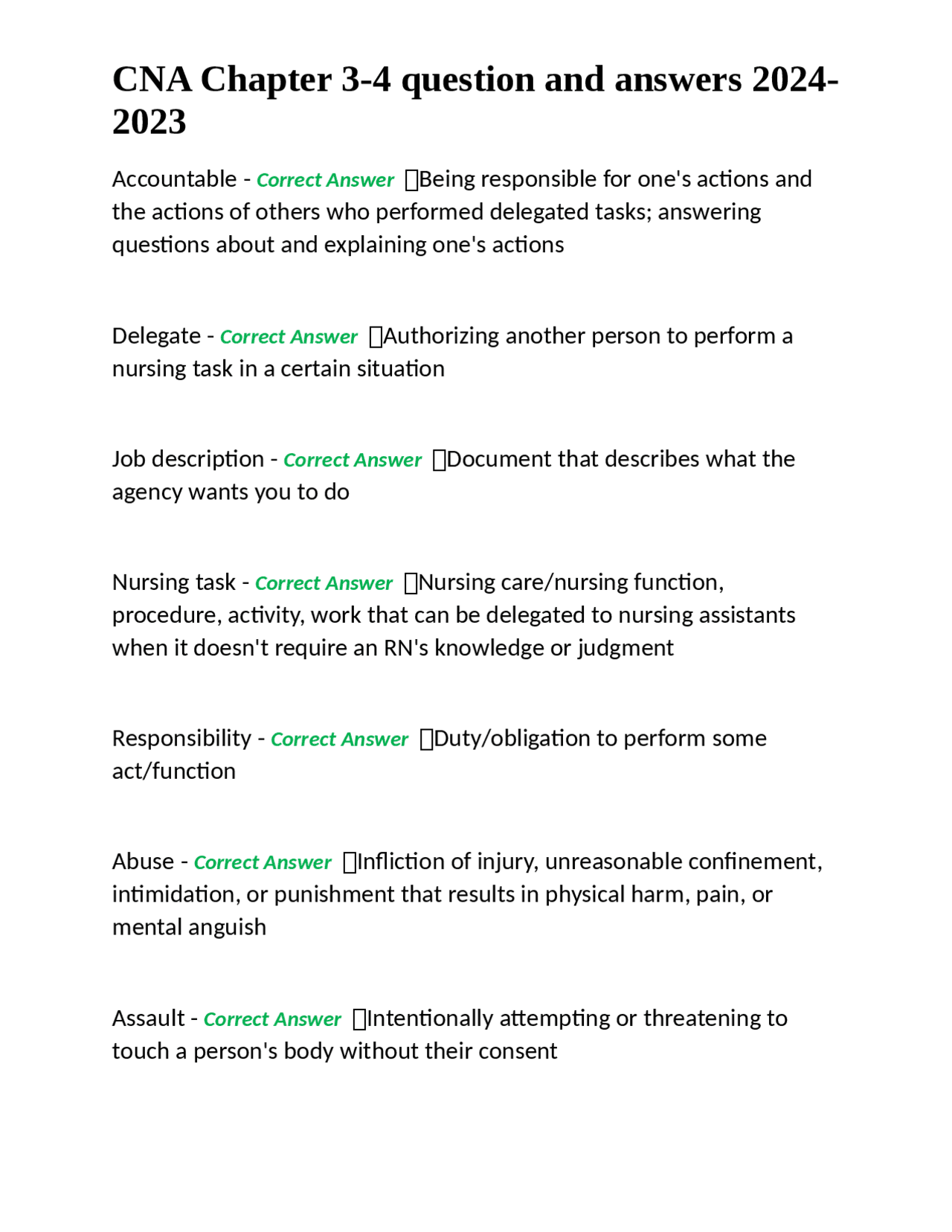 CNA Chapter 3-4 question and answers 2024-2023 | Exams Nursing | Docsity