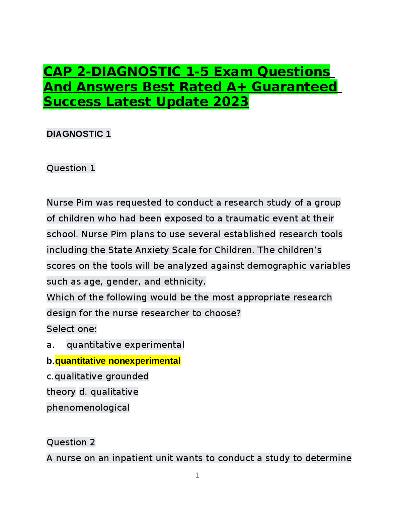 CAP 2-DIAGNOSTIC 1-5 Exam Questions And Answers Best Rated A+ ...
