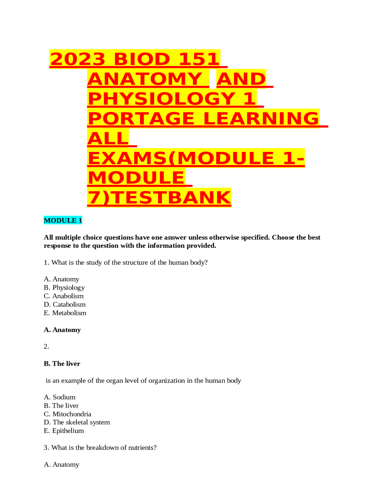 2023/24 BIOD 151 ANATOMY AND PHYSIOLOGY 1 PORTAGE LEARNING ALL EXAMS ...