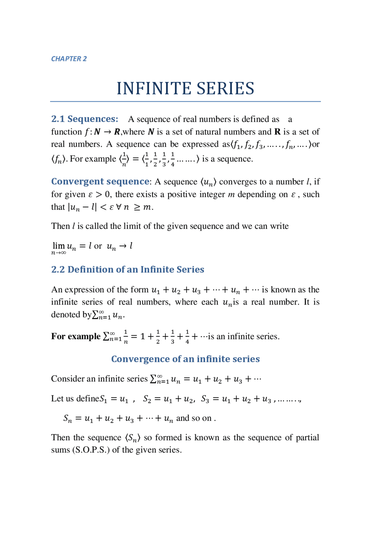 INFINITE SERIES : Ch 2 | Lecture notes Mathematics | Docsity