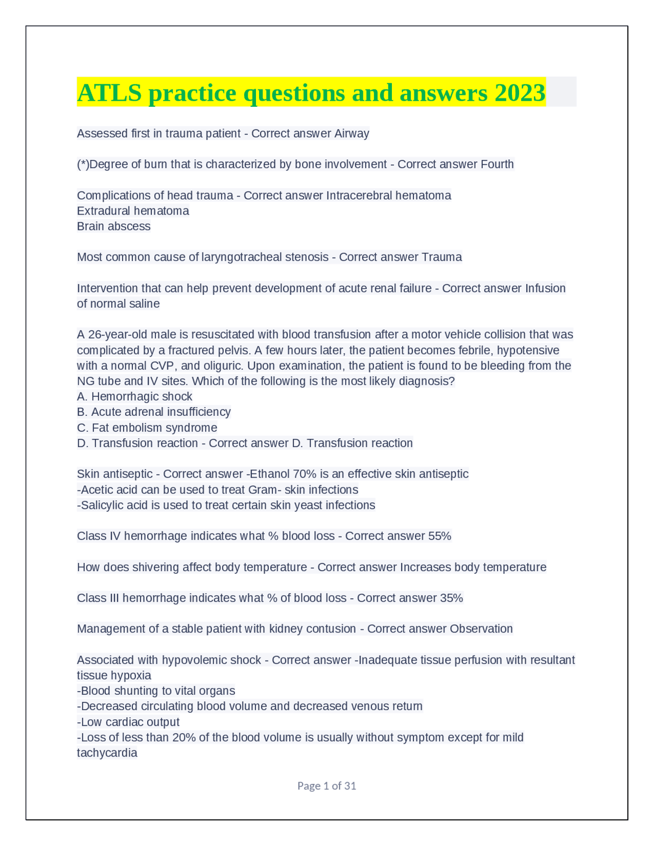 ATLS practice questions and answers 2023 | Exams Laboratory Practices ...