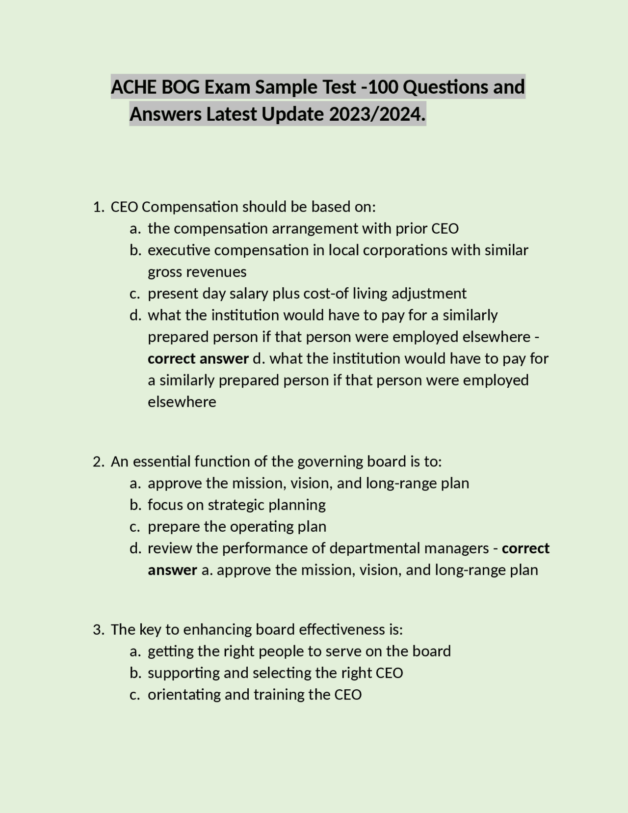 ACHE BOG Exam Sample Test -100 Questions WITH COMPLETE SOLUTIONS 2023 ...