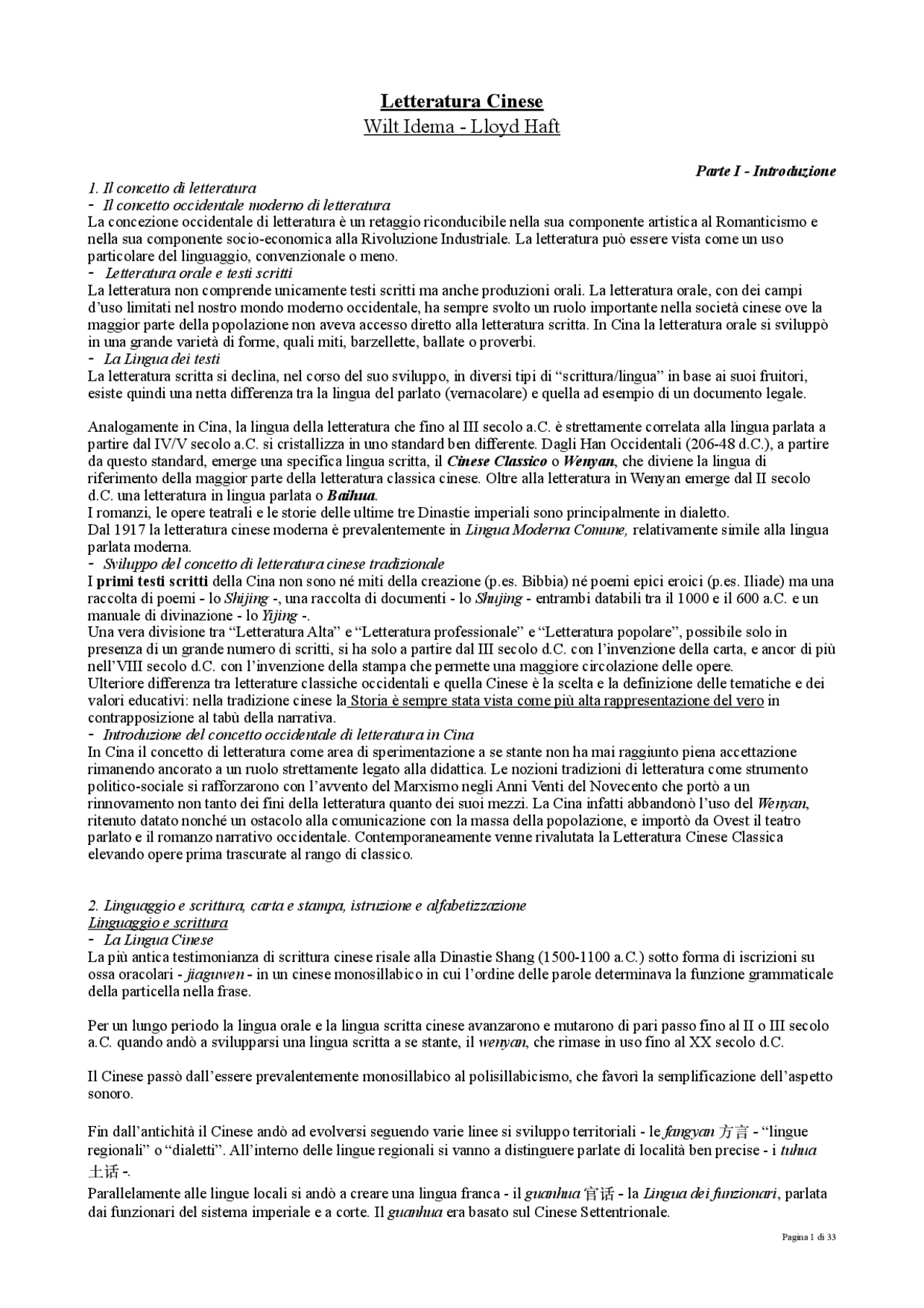 LETTERATURA CINESE - Idema/Haft - Riassunto Completo Libro | Dispense di Letteratura | Docsity