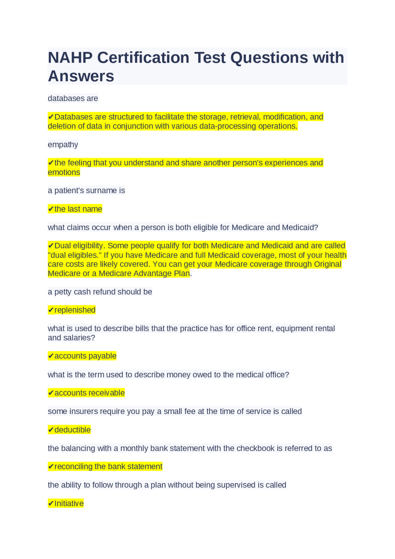 NAHP Certification Test Questions and Answers | Exams Nursing | Docsity