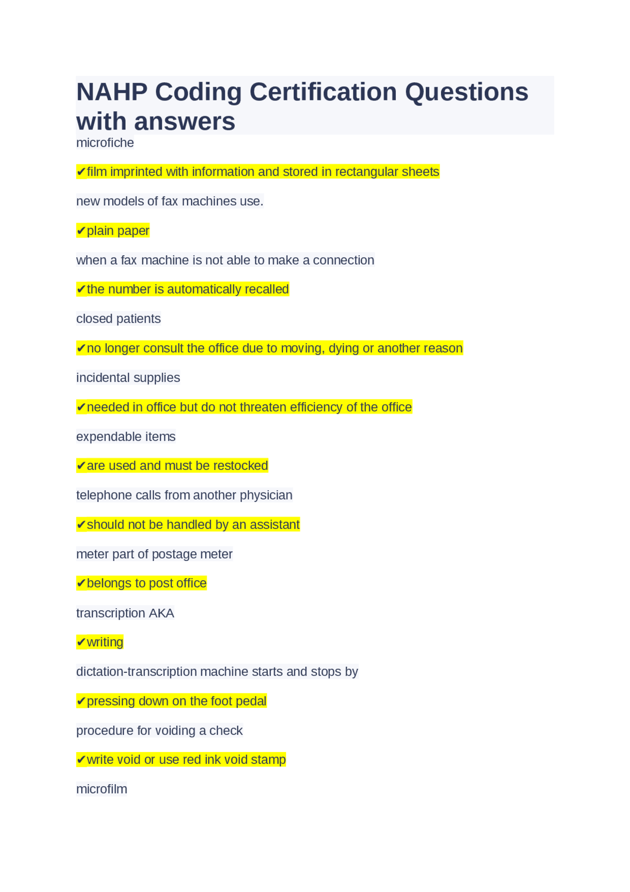 NAHP Coding Certification Questions with answers | Exams Nursing | Docsity