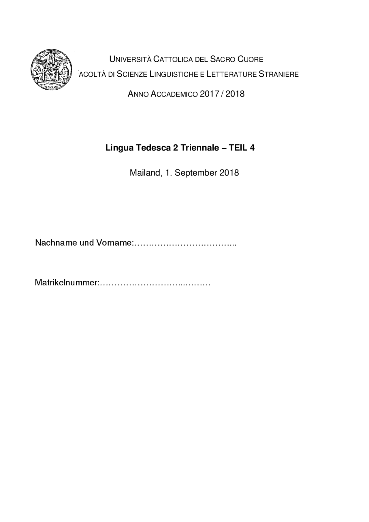 Esempi Esame Scritto Tedesco 2 Prove Desame Di Lingua Tedesca Docsity