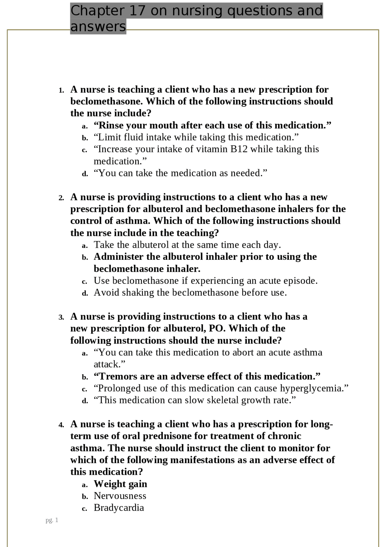 Chapter 17 On Nursing Questions And Answers Exams Nursing Docsity