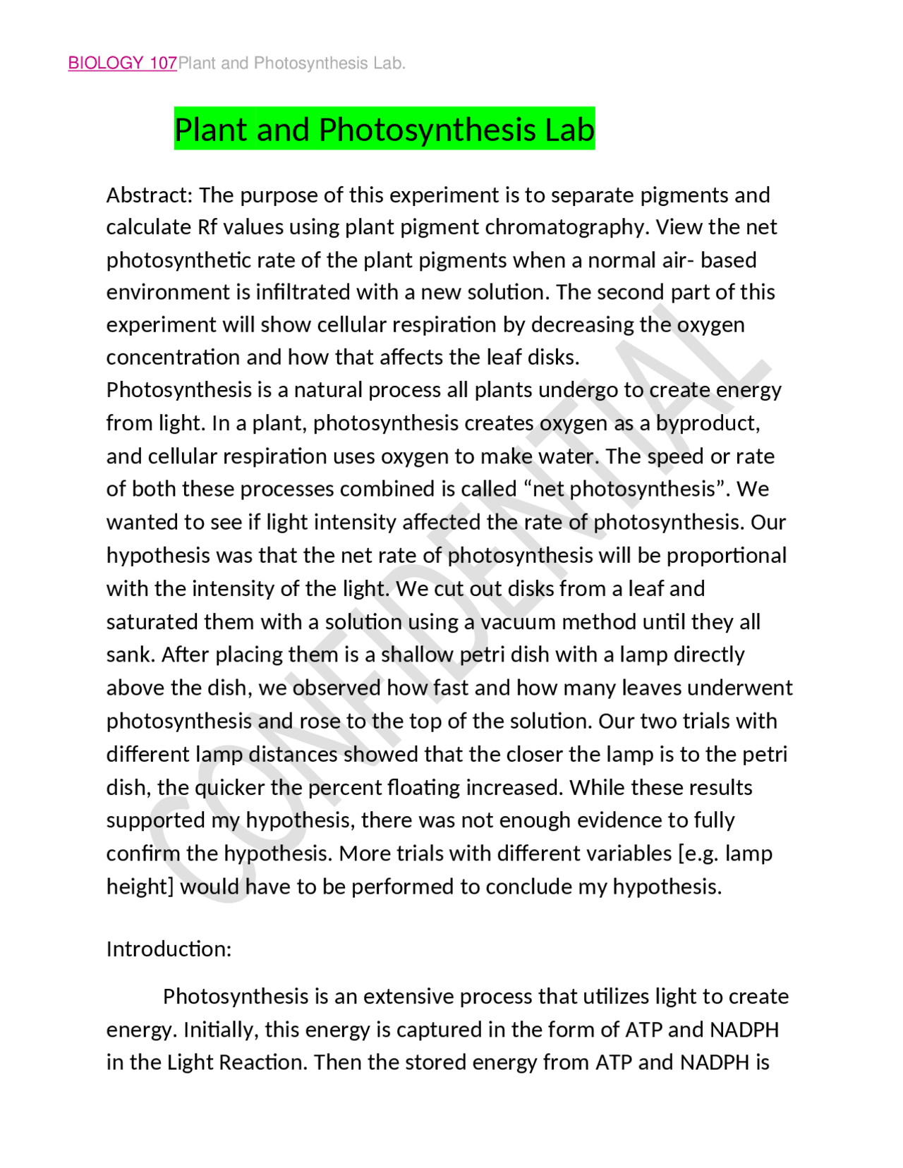 Plant and Photosynthesis Lab | Exams Biology | Docsity