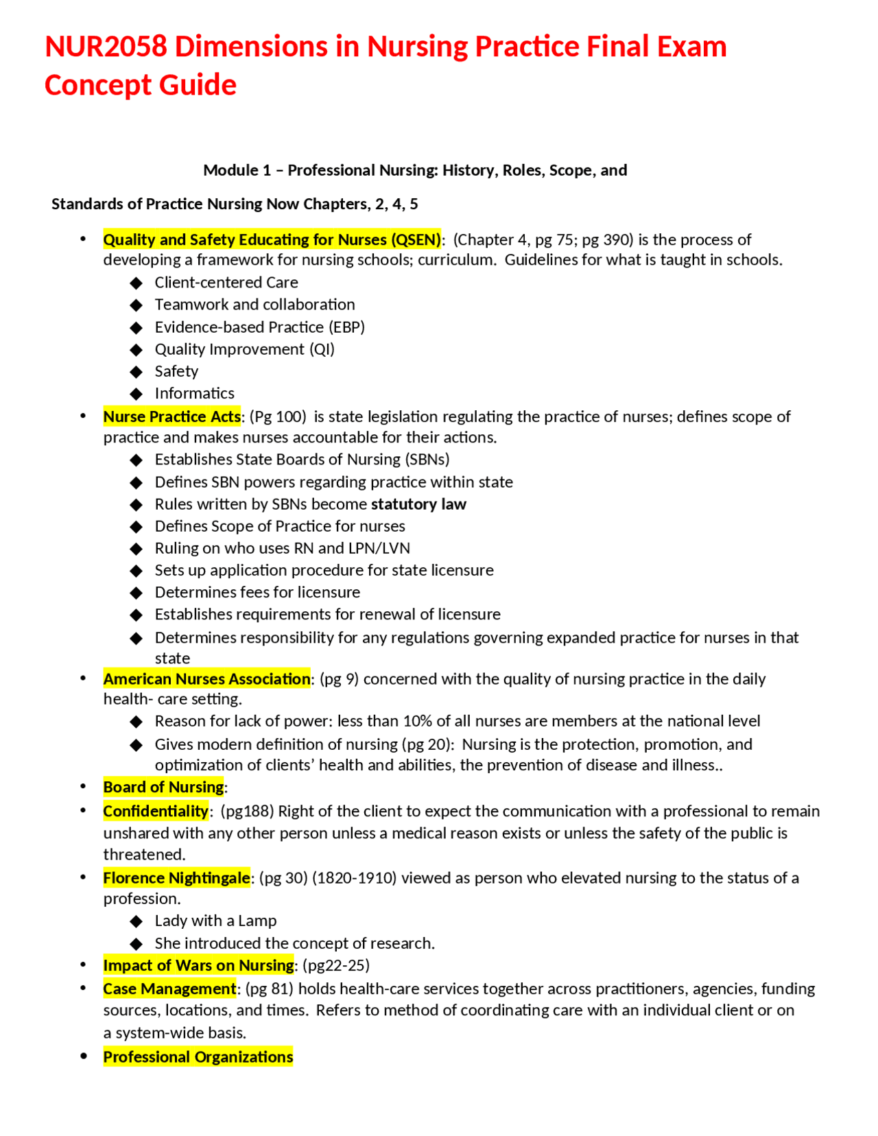 NUR2058 Dimensions in Nursing Practice Final Exam Concept Guide | Study ...