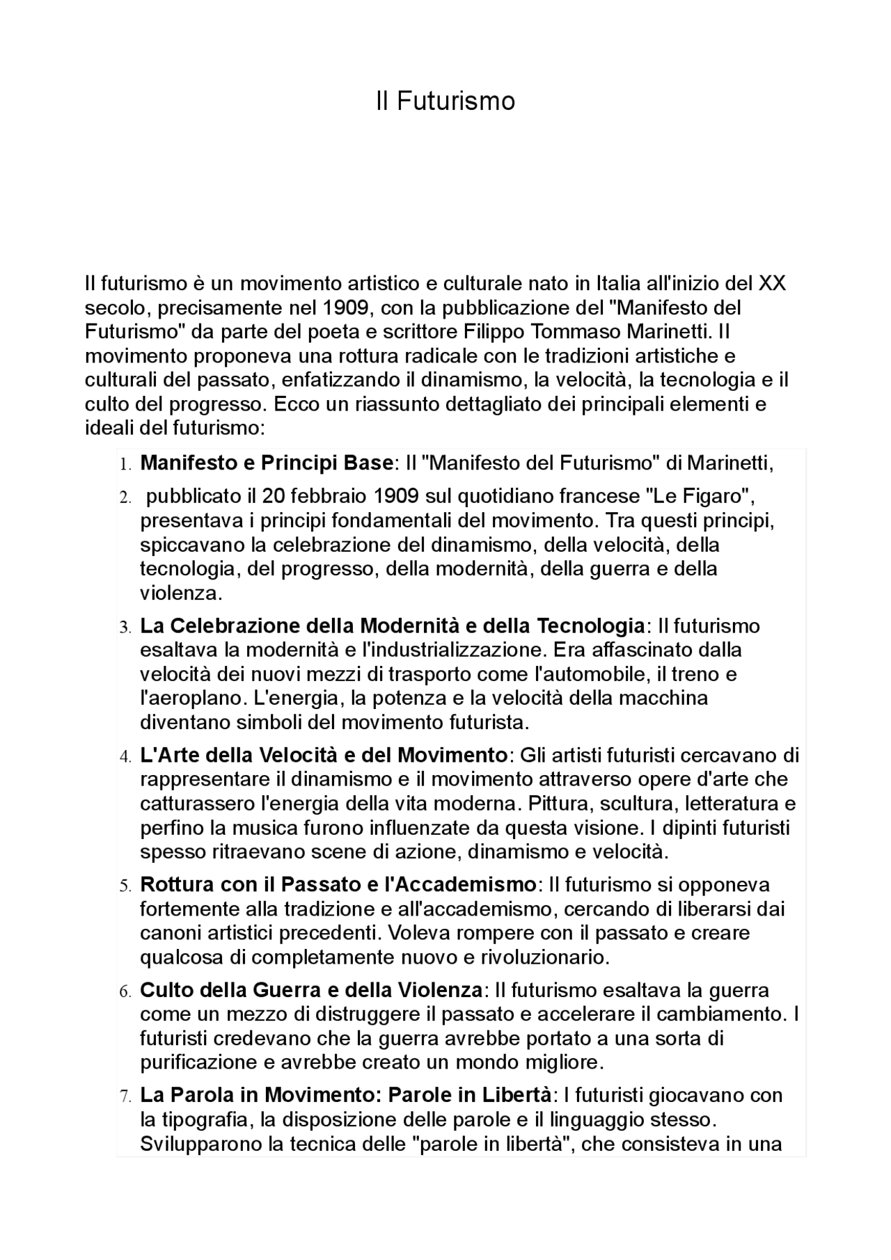 Riassunto Sul Futurismo Schemi E Mappe Concettuali Di Italiano Docsity