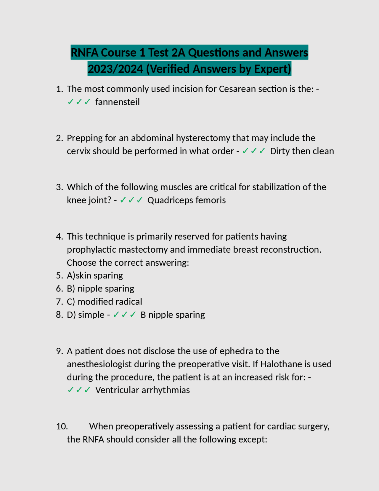 RNFA Course 1 Test 2A Questions and Answers 2023/2024 (Verified Answers ...