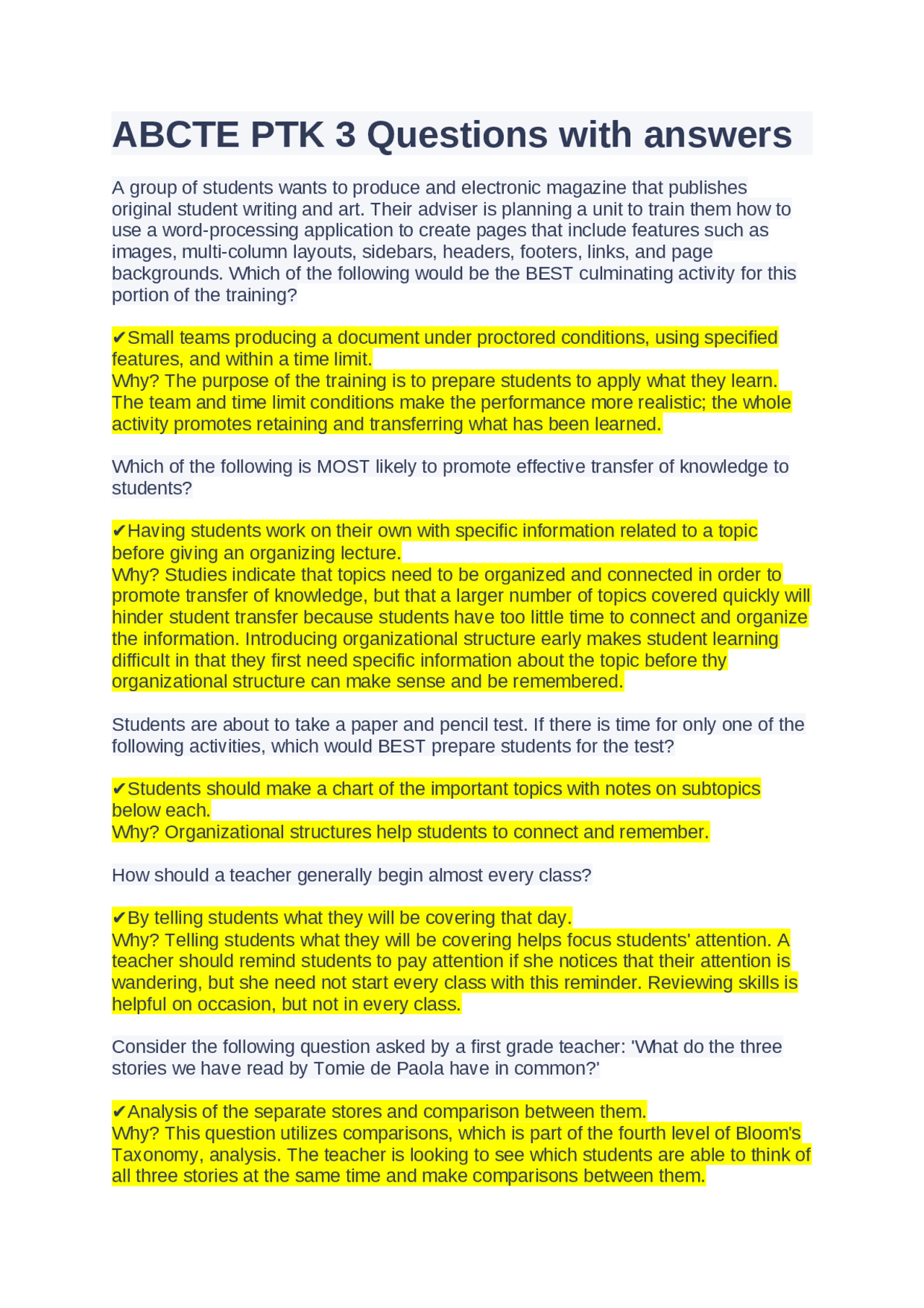 ABCTE PTK 3 Questions with answers | Exams Advanced Education | Docsity