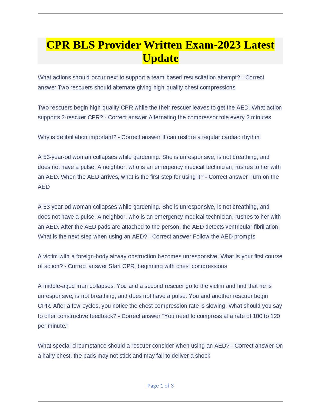 CPR BLS Provider Written Exam-2023 Latest Update | Exams Public Health ...