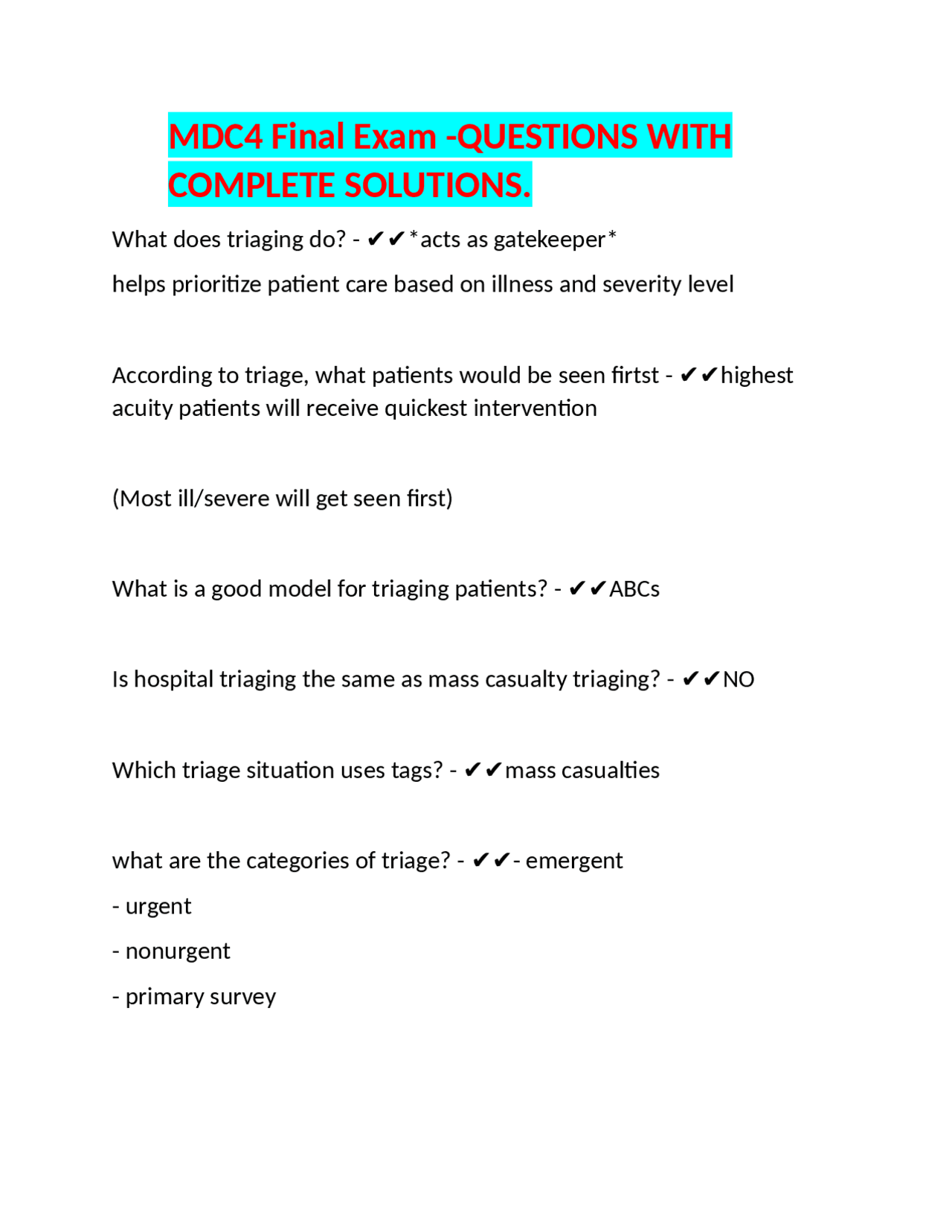 MDC 4 Exam 1 -QUESTIONS WITH COMPLETE SOLUTIONS | Exams Nursing | Docsity