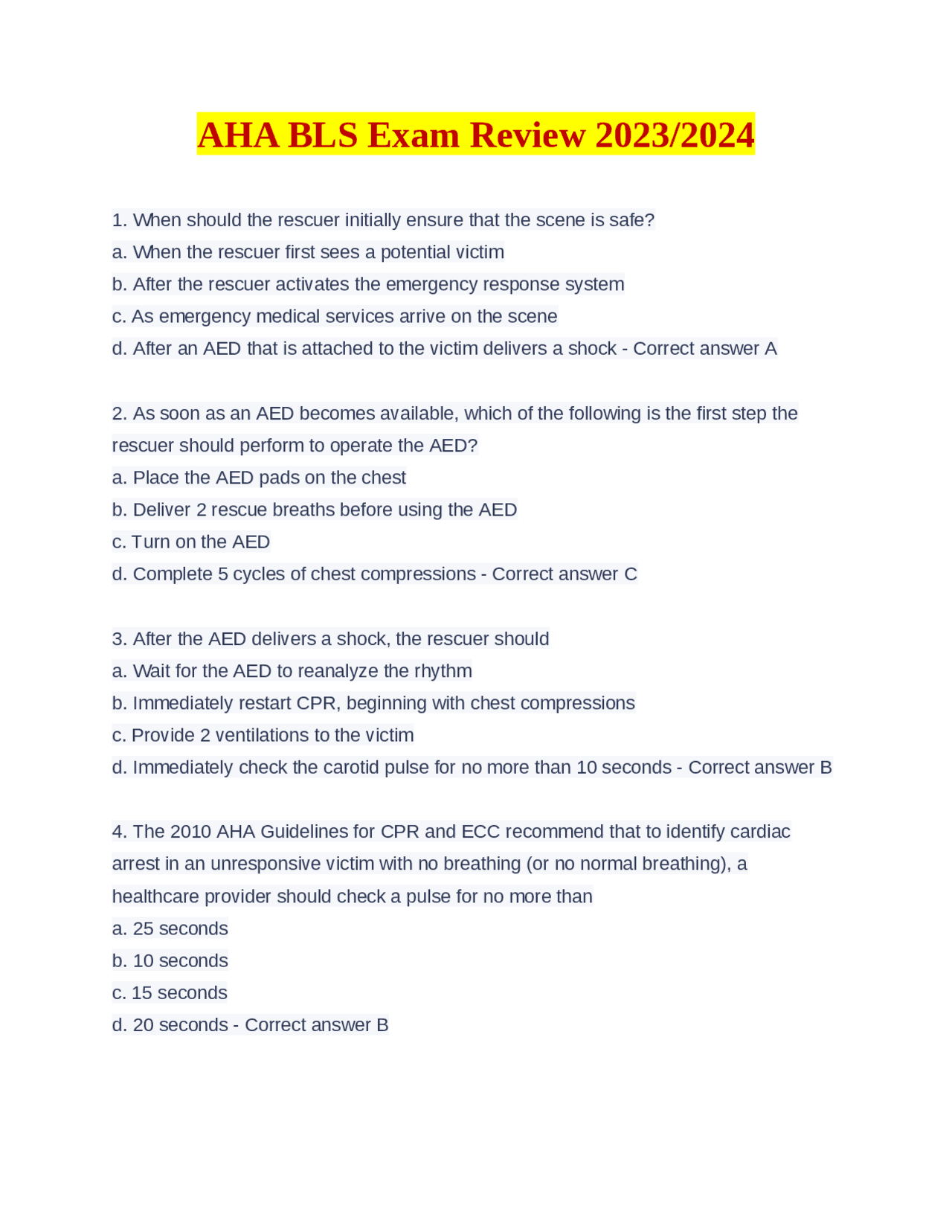 AHA BLS Exam Review 2023/2024 | Exams Health sciences | Docsity