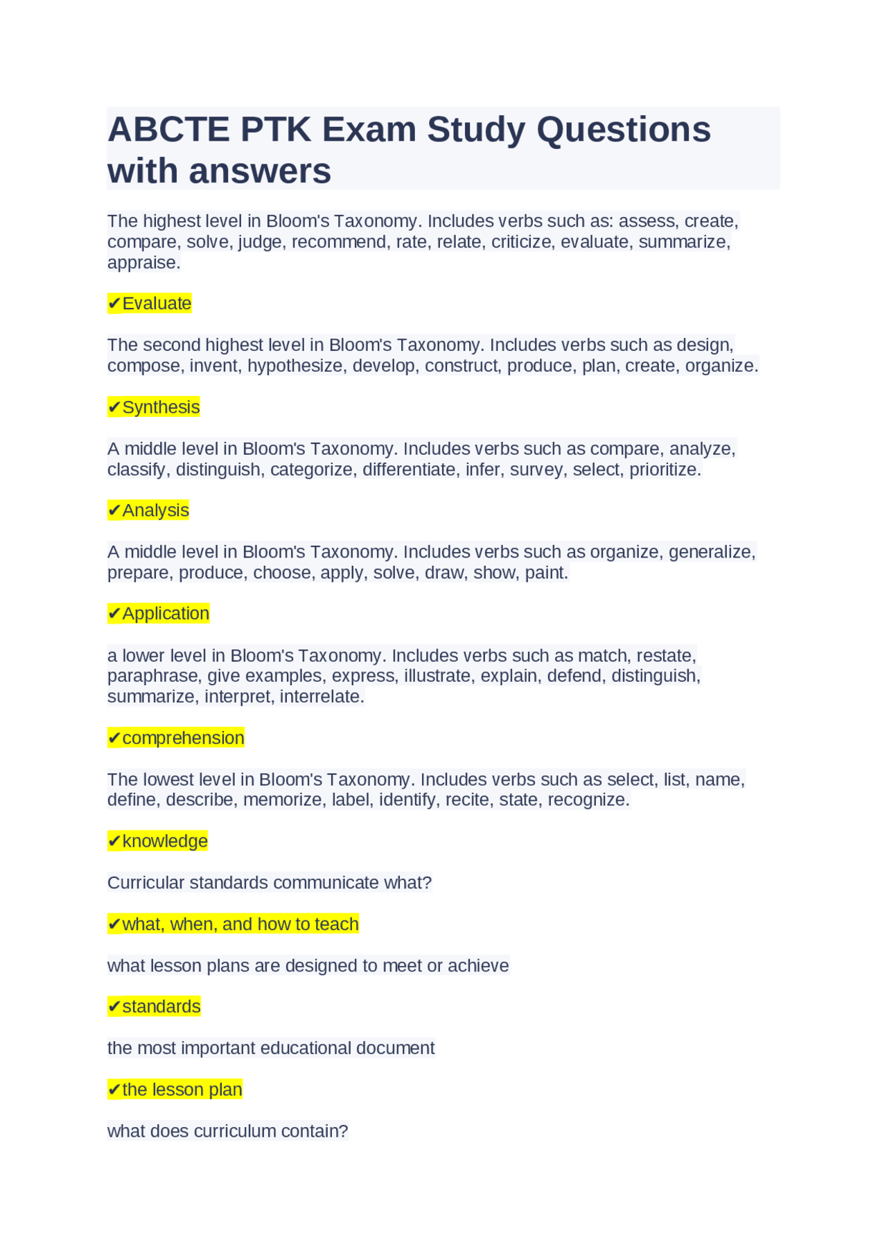 ABCTE PTK Exam Study Questions with answers | Exams Advanced Education ...