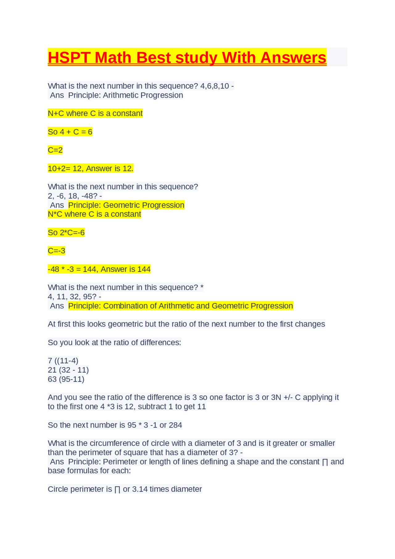 HSPT Math Best study With Answers | Exams Mathematics | Docsity