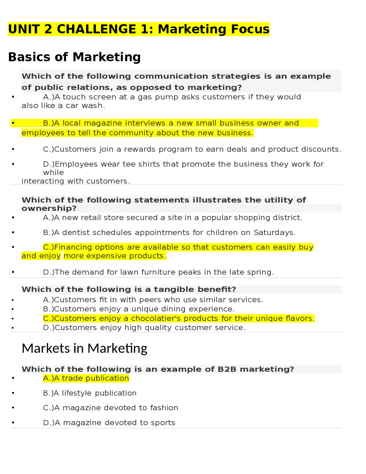 UNIT 2 CHALLENGE 1: Marketing Focus | Exams Marketing | Docsity