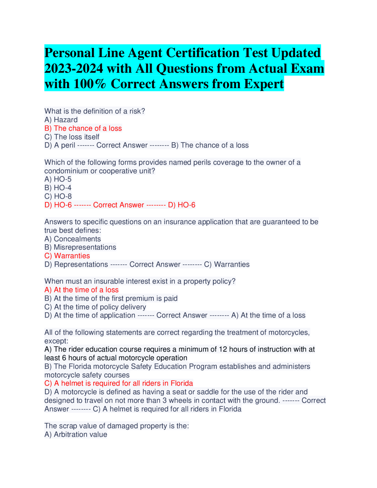 Personal Line Agent Certification Test Updated 2023-2024 with All ...