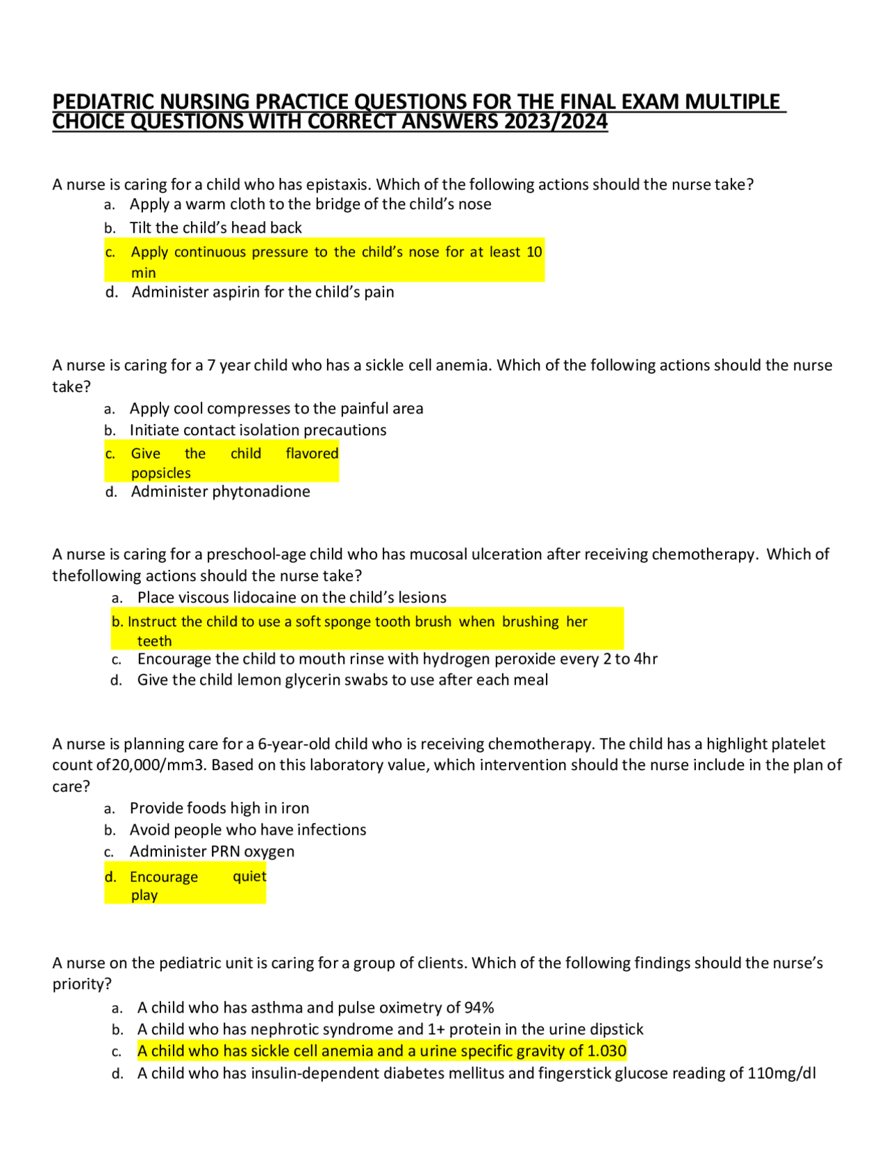 PEDIATRIC NURSING PRACTICE QUESTIONS FOR THE FINAL EXAM MULTIPLE CHOICE ...