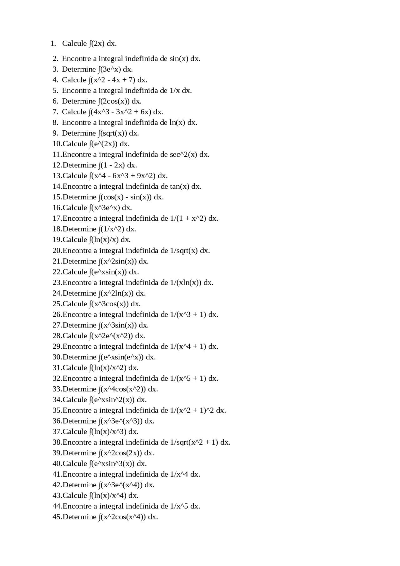 Lista De Revisão Cálculo Integral Integrais Básicas Imediatas