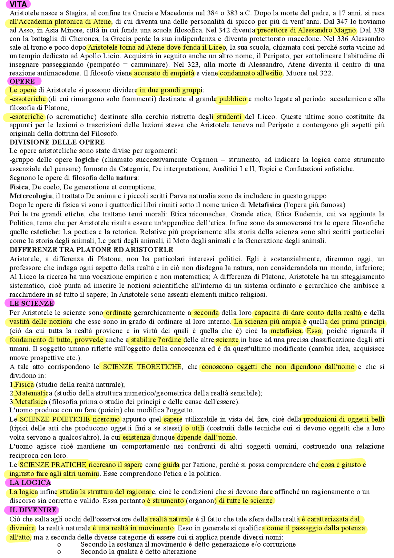Aristotele Riassunto Schemi E Mappe Concettuali Di Filosofia Docsity