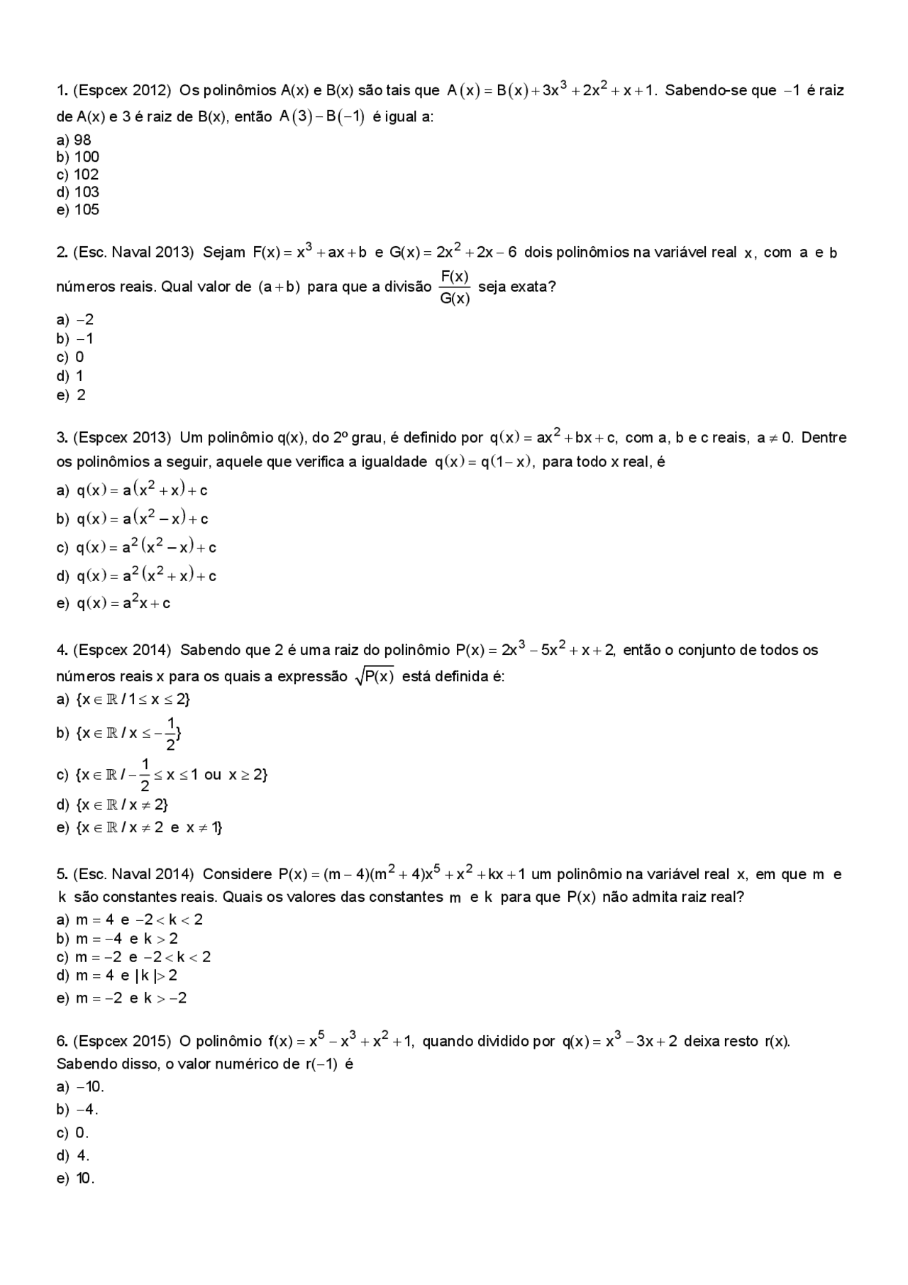 ExercÍcios De MatemÁtica PolinÔmios Provas Matemática Docsity