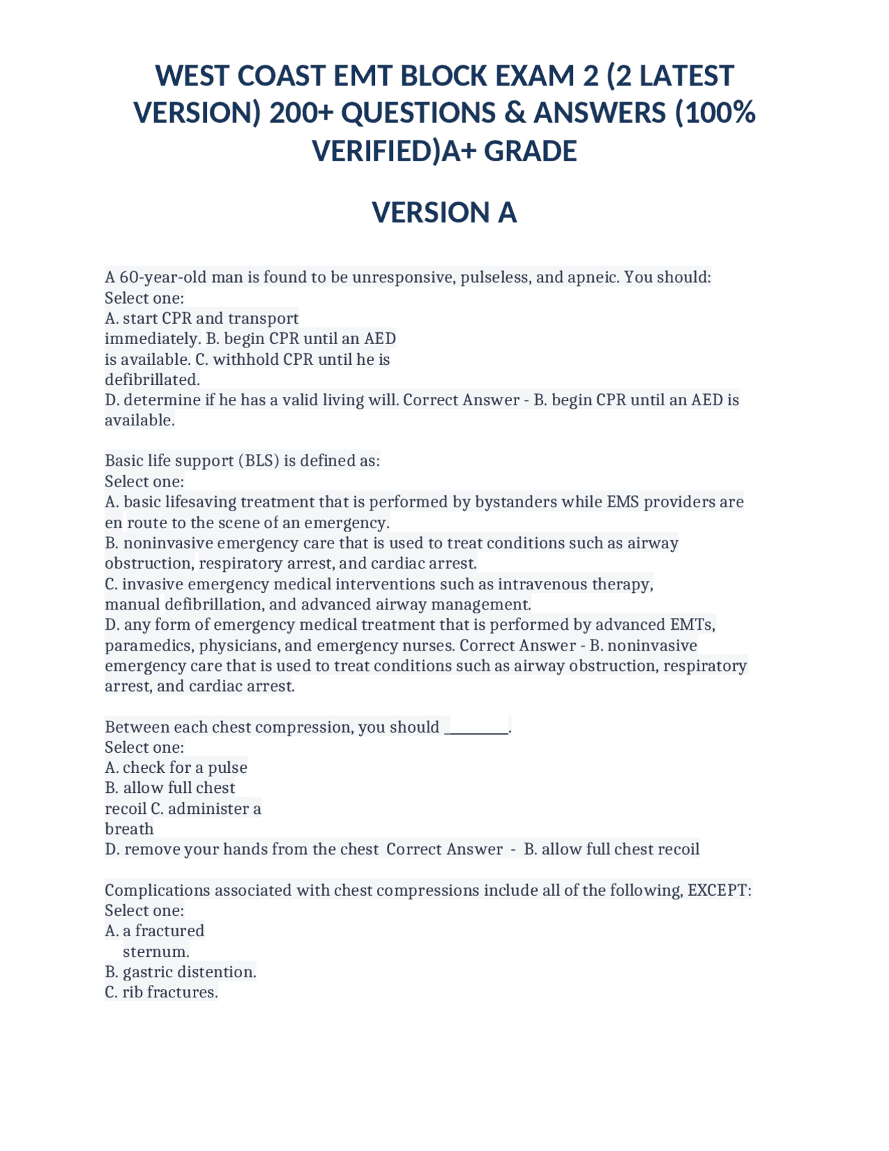 WEST COAST EMT BLOCK EXAM 2 (2 LATEST VERSION) 200+ QUESTIONS & ANSWERS ...