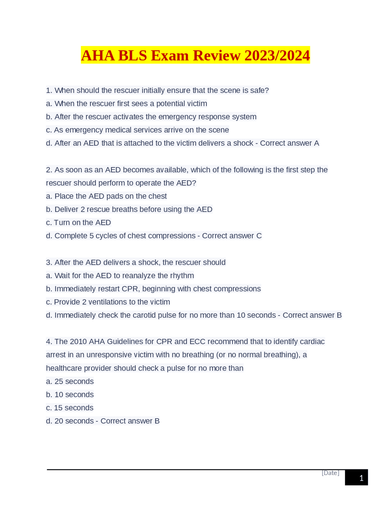 AHA BLS Exam Review 2023/2024 | Exams Health Physics | Docsity