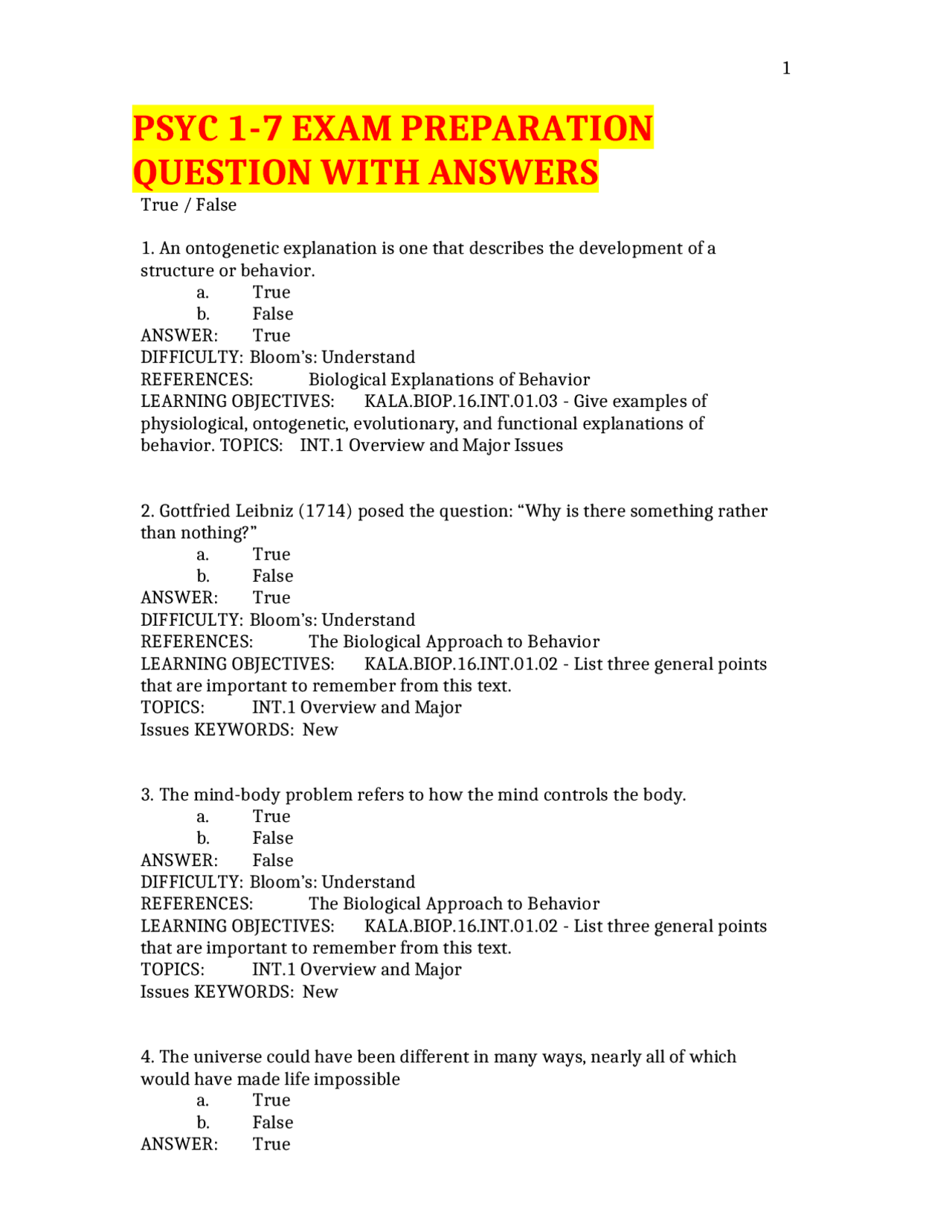 Psyc 1 7 Exam Preparation Question With Answers Exams Psychology