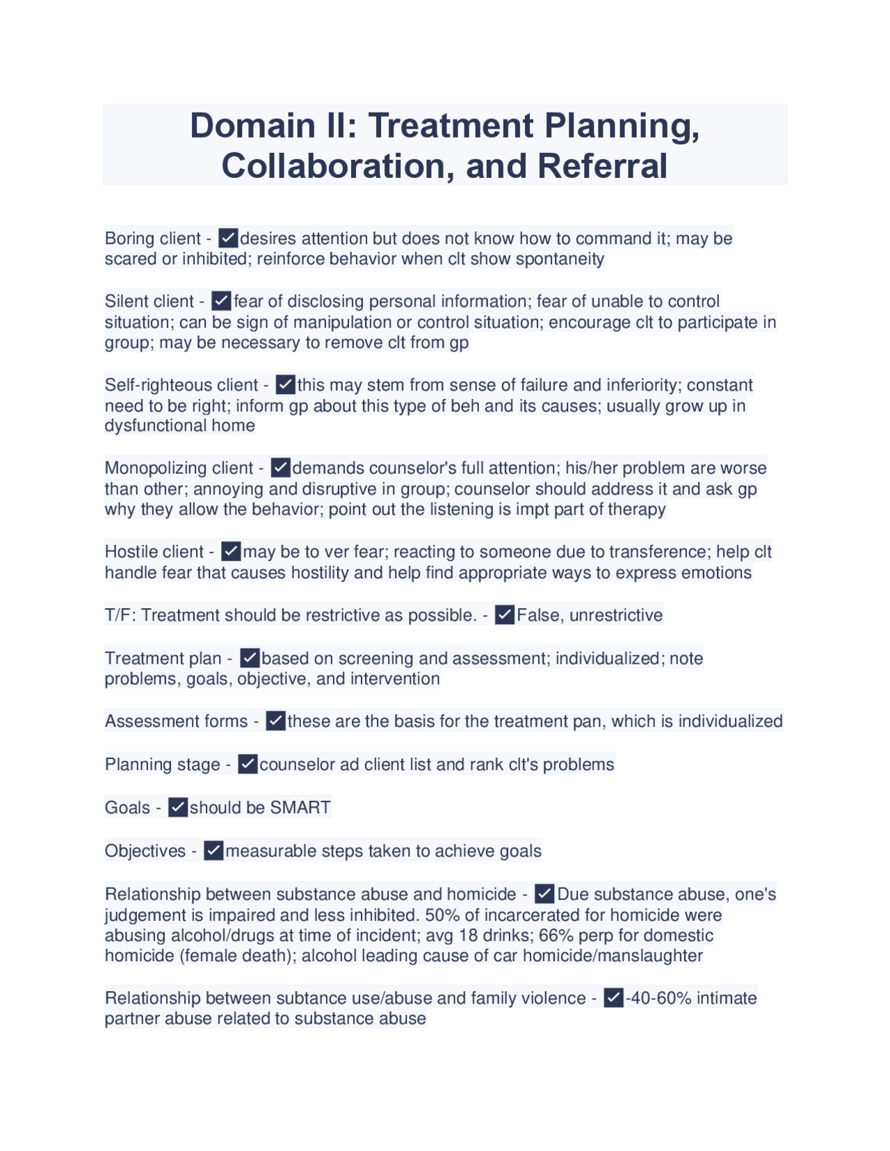 Substance Abuse Treatment Planning and Referral | Exams Nursing | Docsity