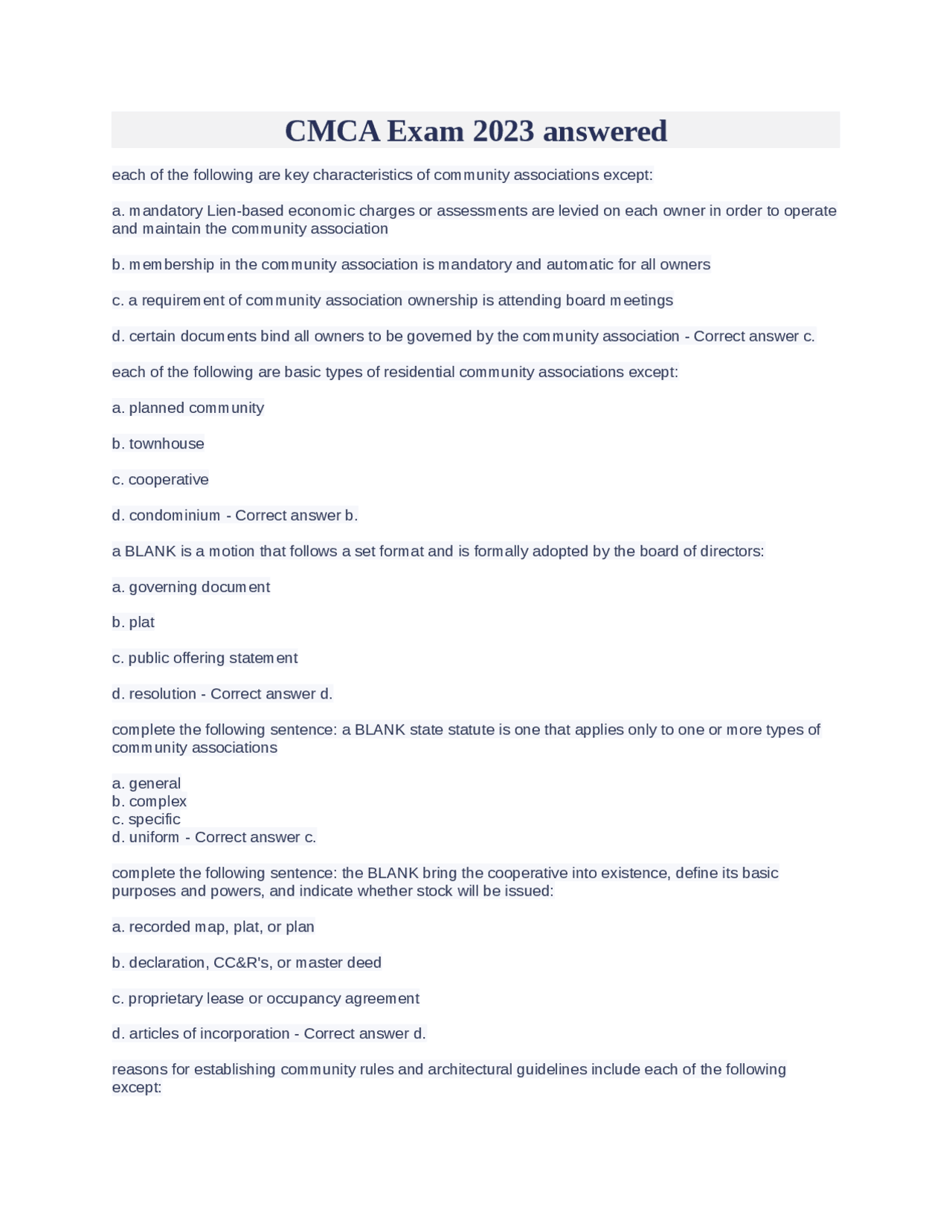 CMCA Exam 2023 answered | Exams Health sciences | Docsity
