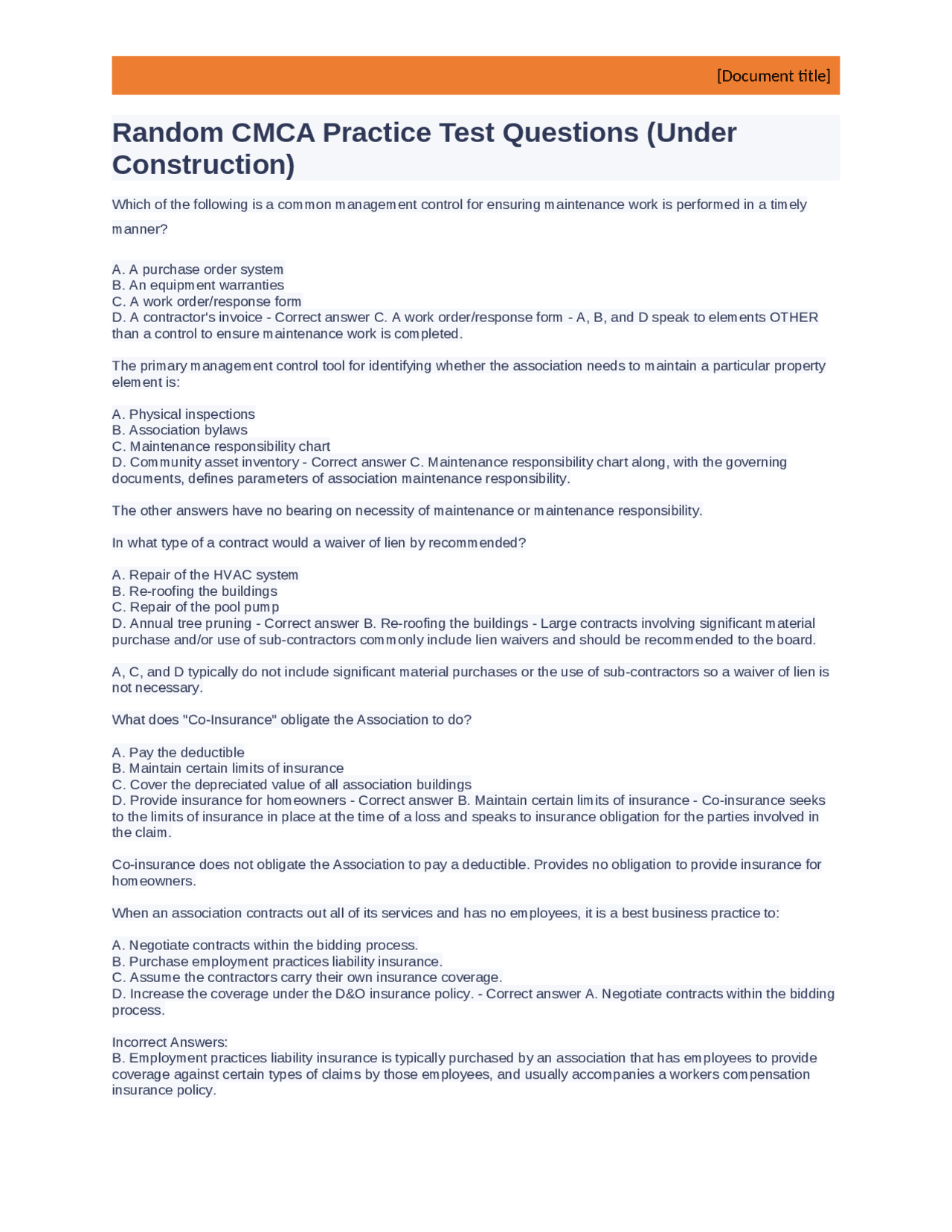 Random CMCA Practice Test Questions (Under Construction) | Exams Health ...