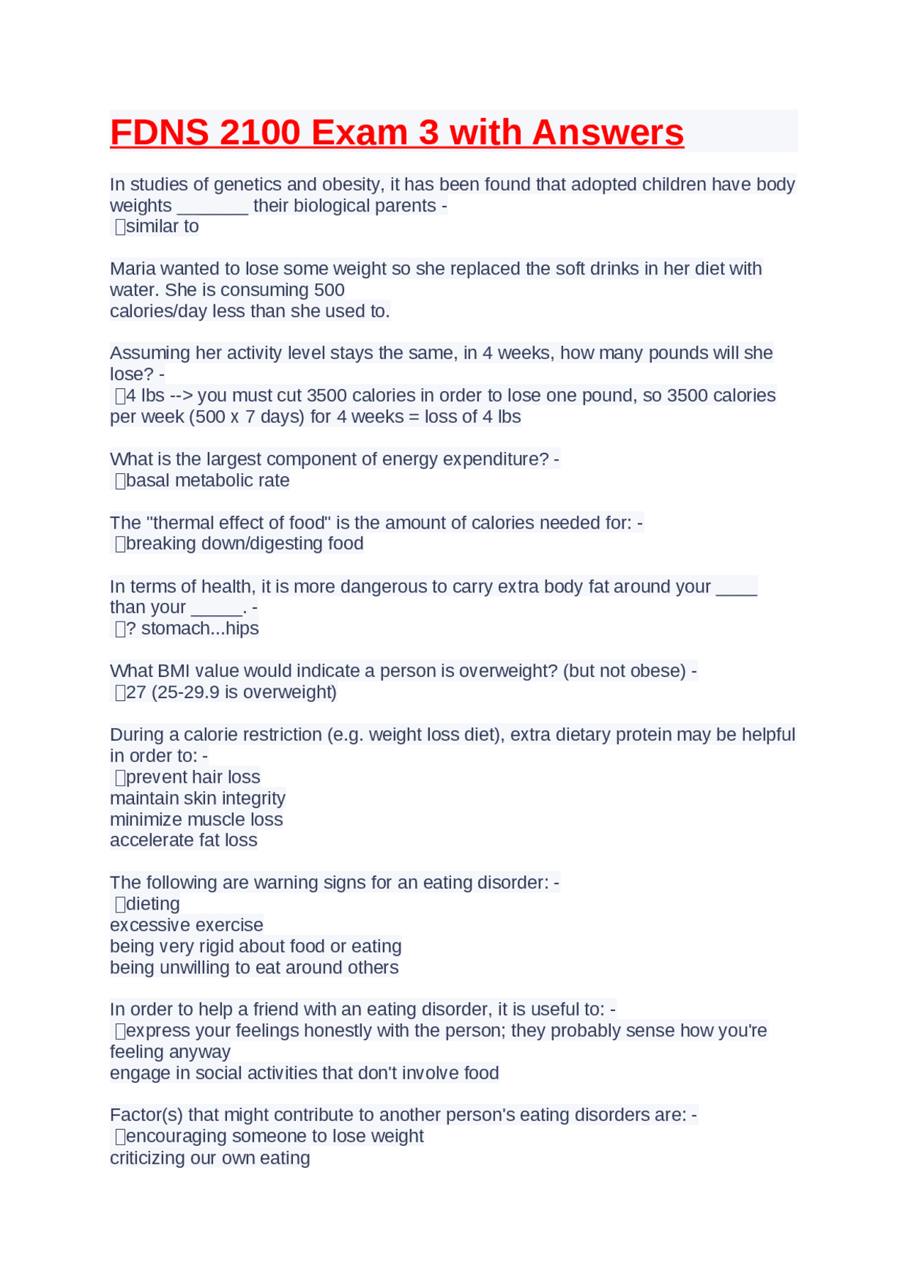 FDNS 2100 Exam 3 with Answers | Exams Nutrition | Docsity