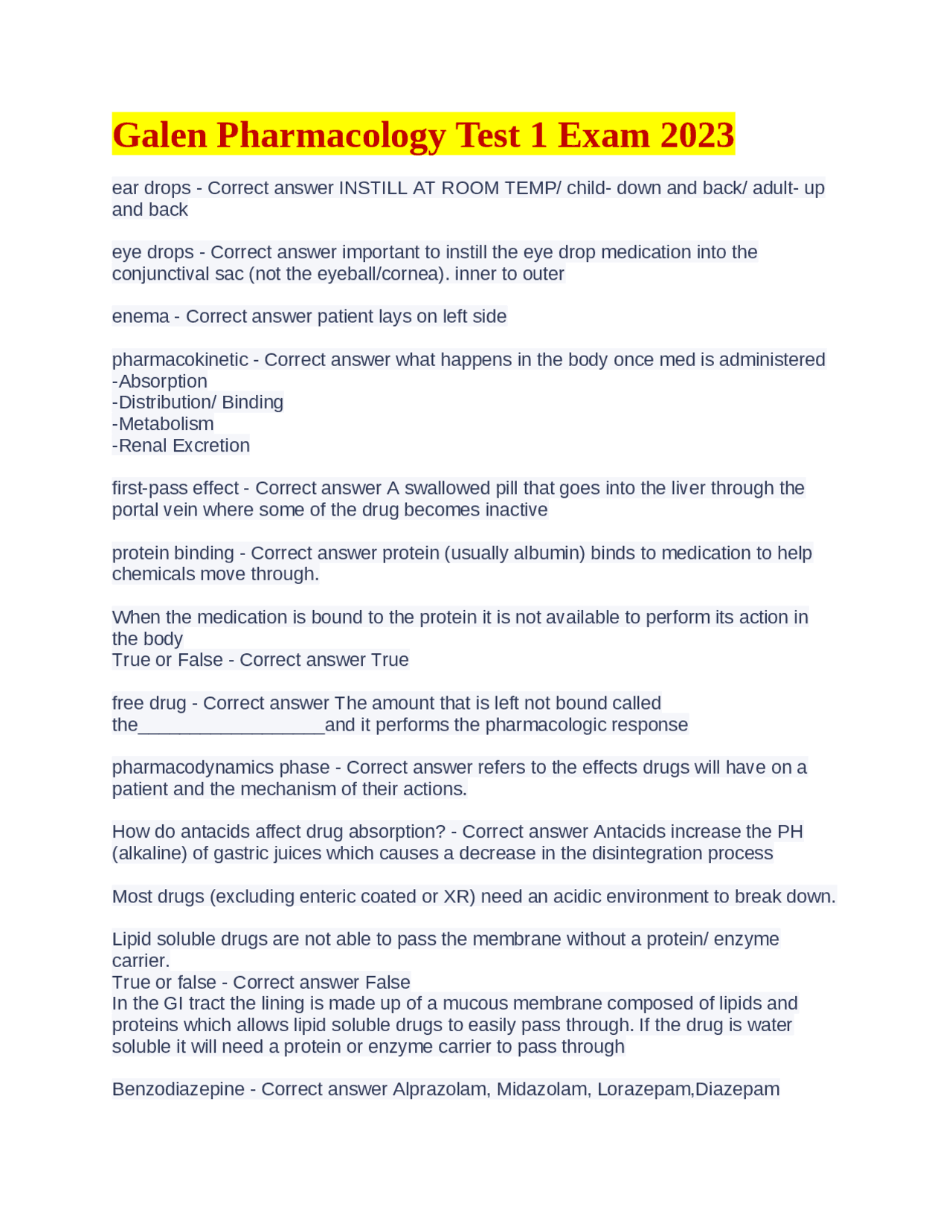Galen Pharmacology Test 1 Exam 2023 | Exams Pharmacology | Docsity